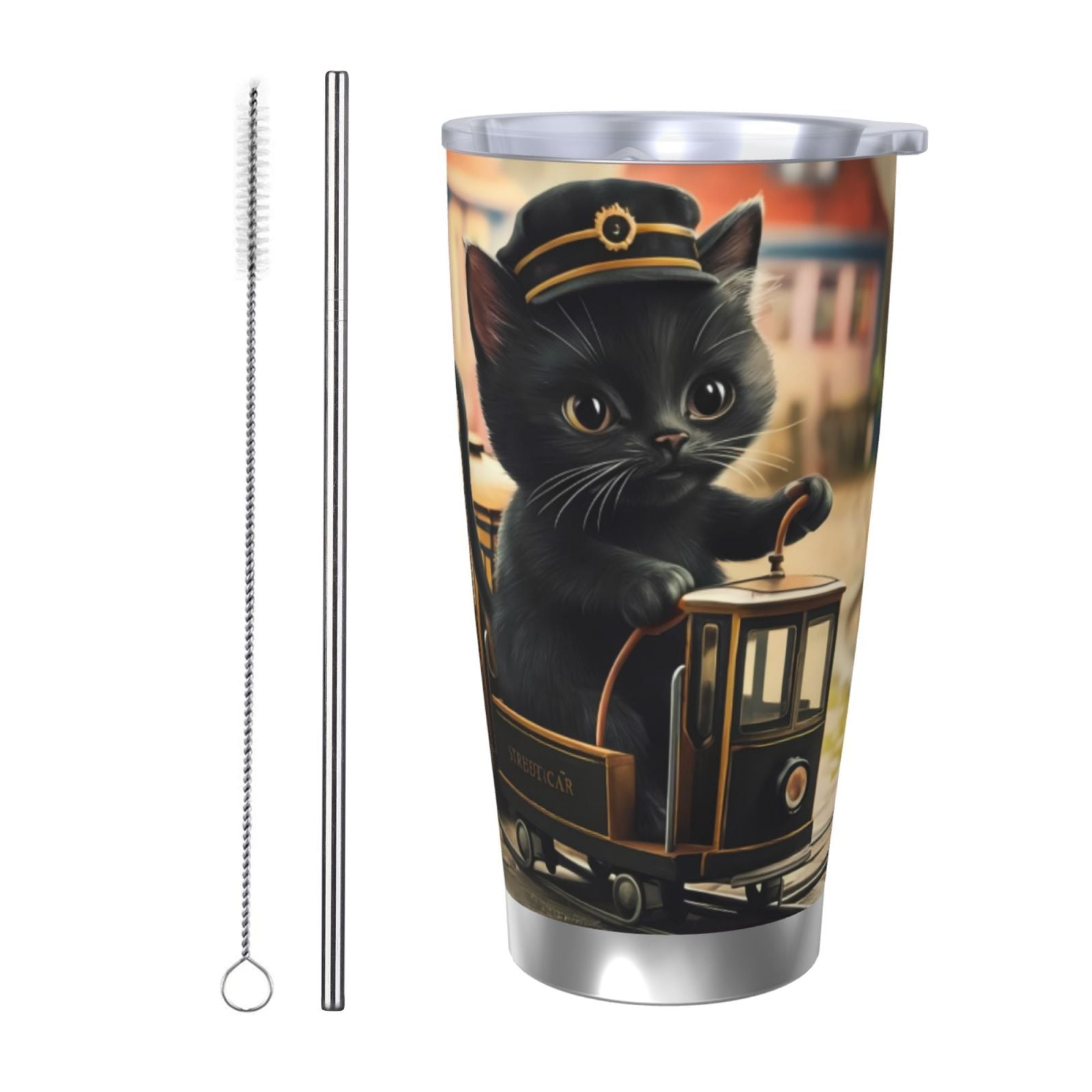 Gaeub Adorable Kitten On Mini Train Print 20-Ounce Stainless Steel Car Cup,Tumblers Cups with ...
