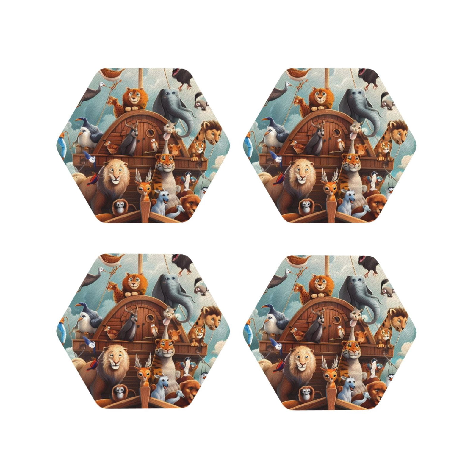 Gaeub Animal Filled Noahs Ark Print 4 Pcs Leather Coasters for Drinks ...