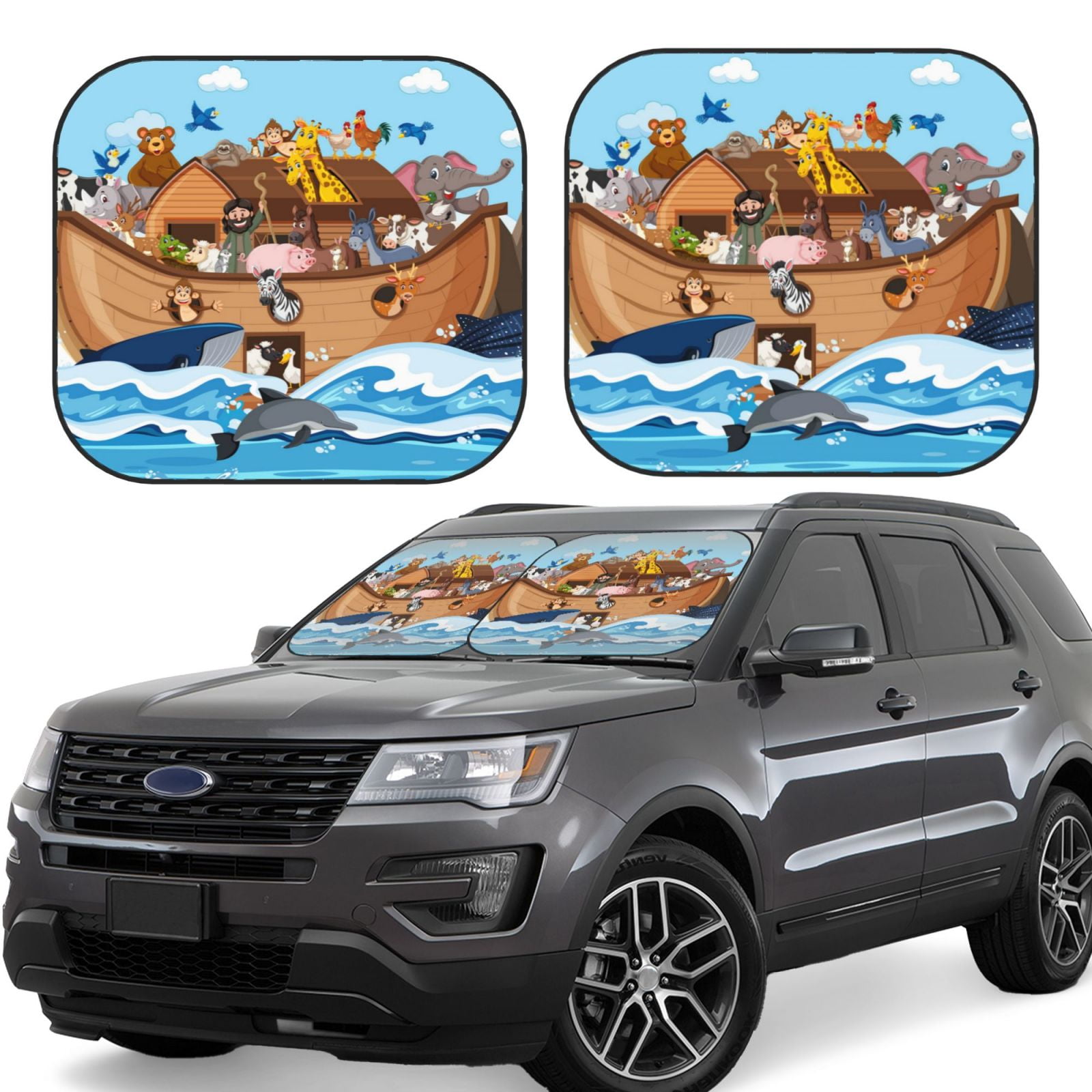 Gaeub Animals on Noah's Ark Floating Print 2-Piece Windshield Sun Shade,Foldable Car Front ...