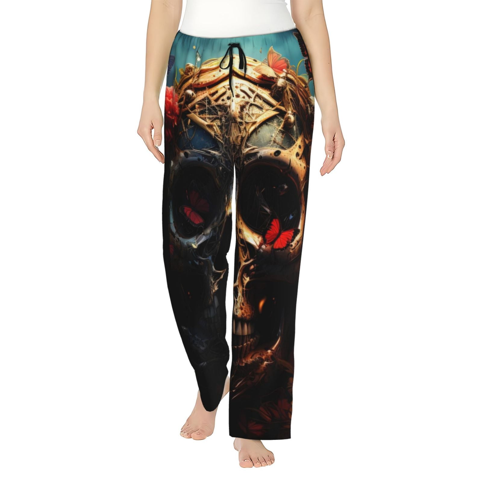 Gaeub Artistic Flower Butterfly Skull Soft Pajama Pants for Women, Wide ...