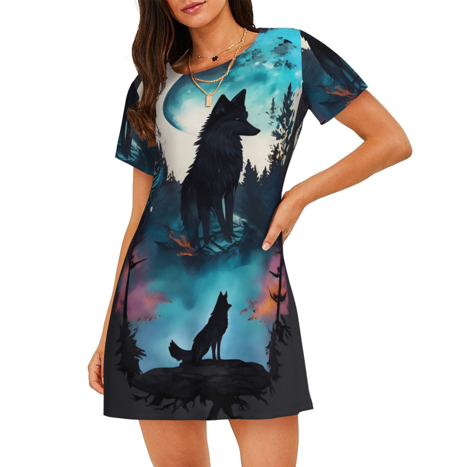Gaeub Artistic Moon Valley Wolf Print Women's Short-Sleeved Nightdress ...