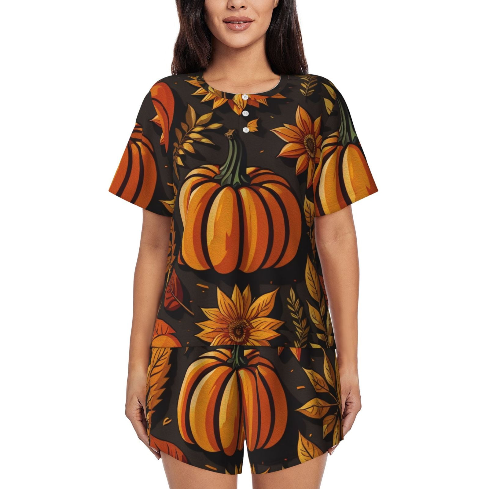 Gaeub Autumn Pumpkin Leaves Women's Short Sleeve Pajama Set Soft ...