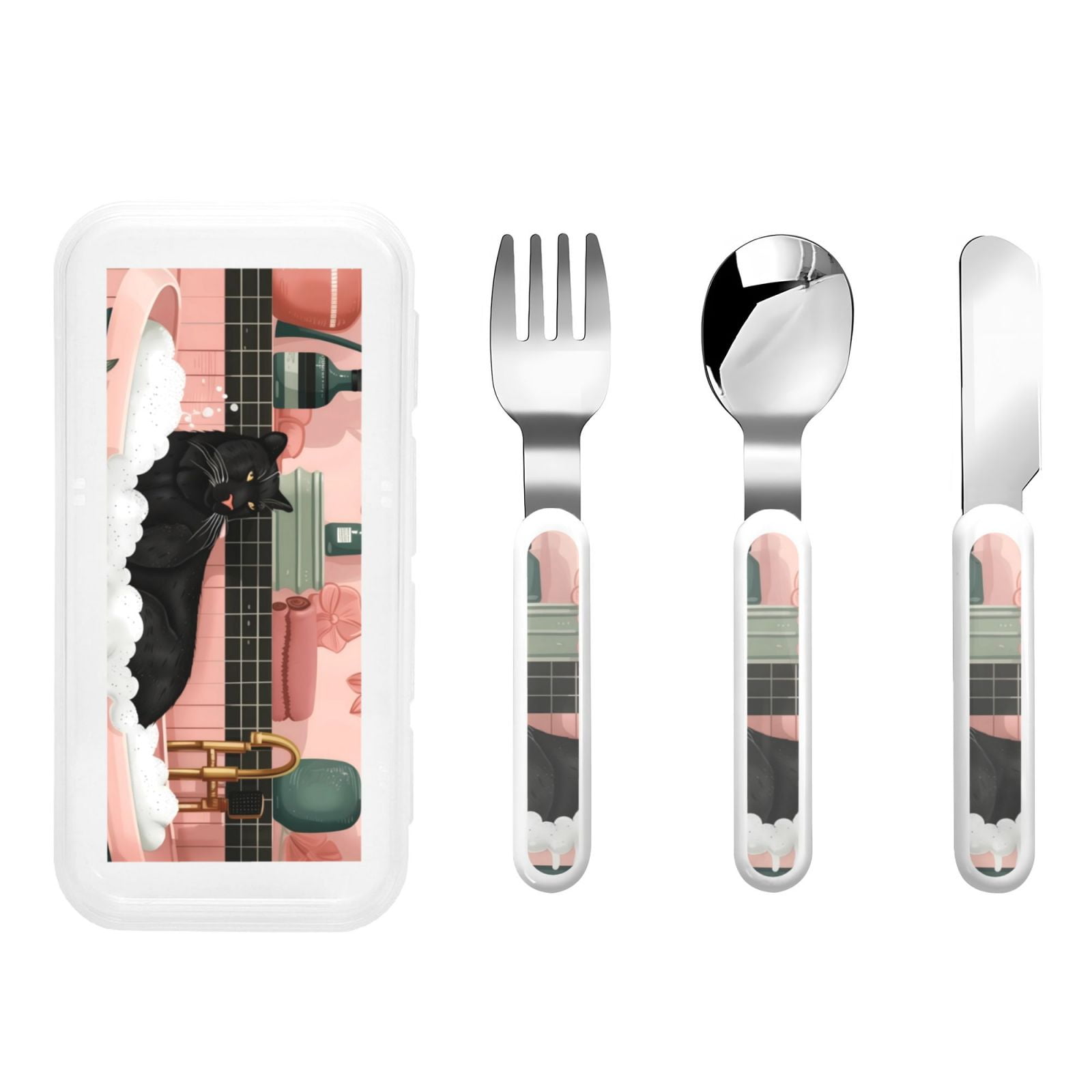 Gaeub Black Cat Pink Bathroom Print 3-Piece Children Knife Spoon Fork ...