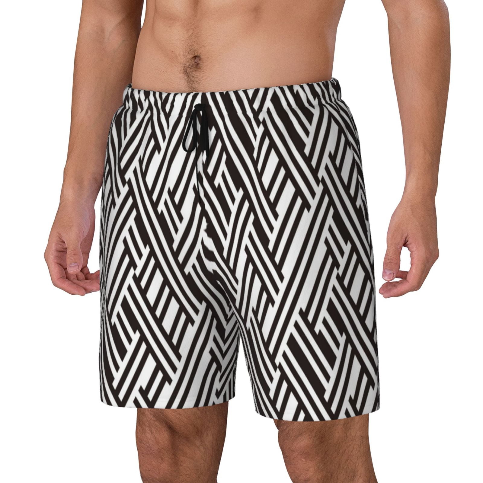 Gaeub Black White Stripes Print Mens Swim Trunks with Compression Liner ...