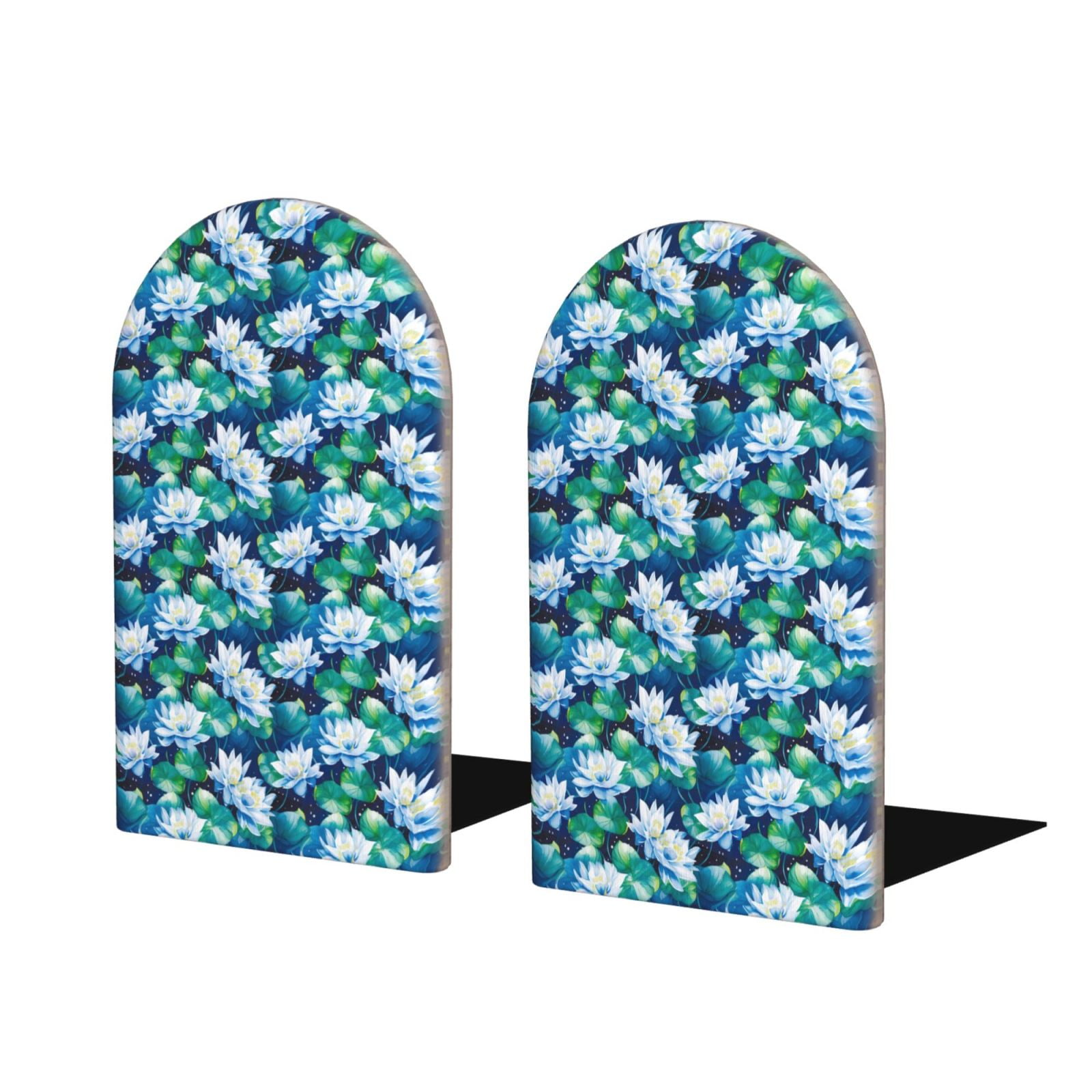 Gaeub Blue Lotus Flower Wood Bookends, Non-Slip Bookends, Heavy Duty ...
