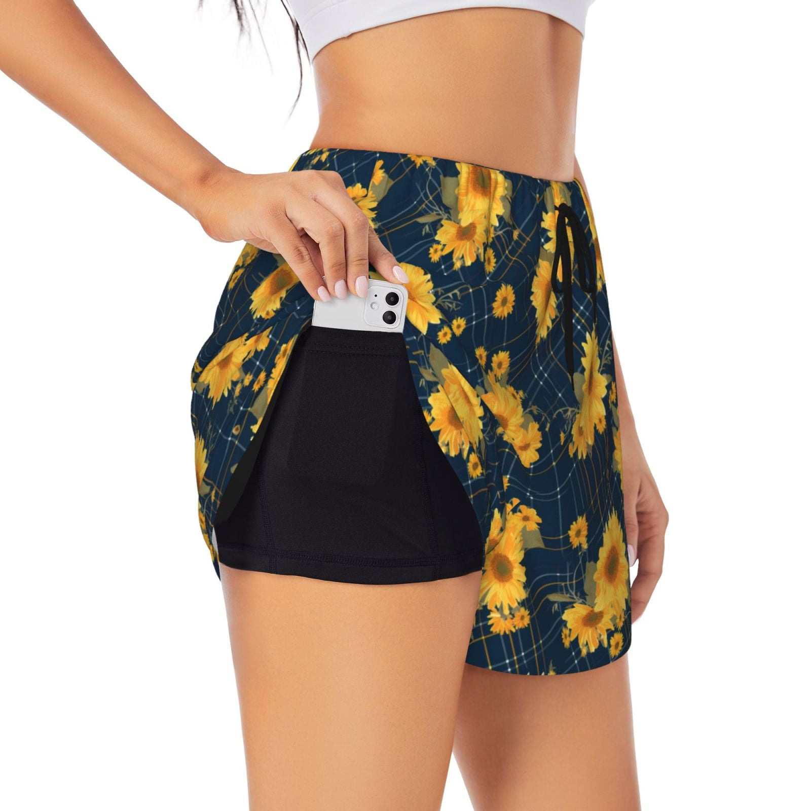 Gaeub Blue Striped Sunflower A Print Women's Athletic Shorts,High ...