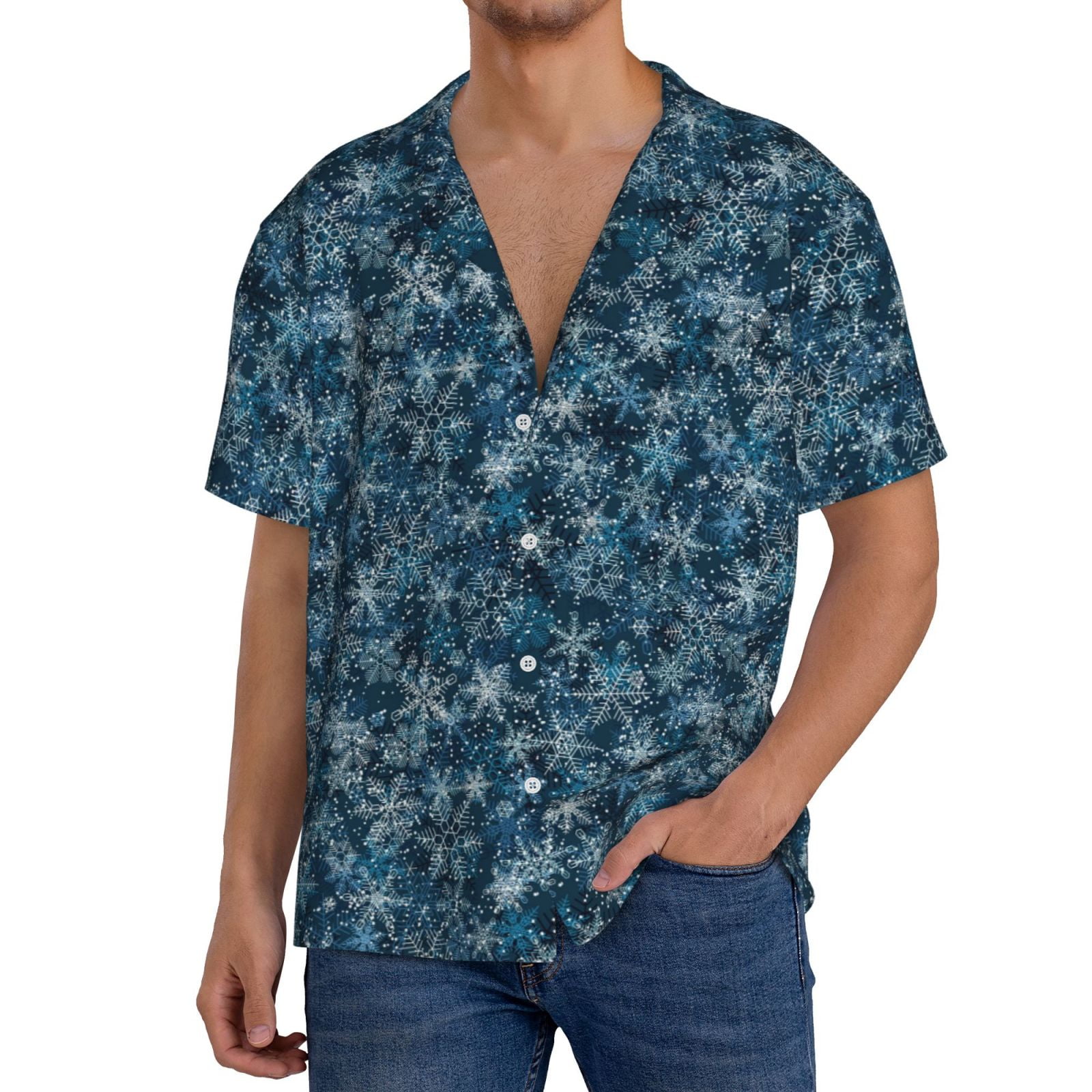 Gaeub Blue and White Gradient Snowflake Men's Lapel Short Sleeve Shirt ...