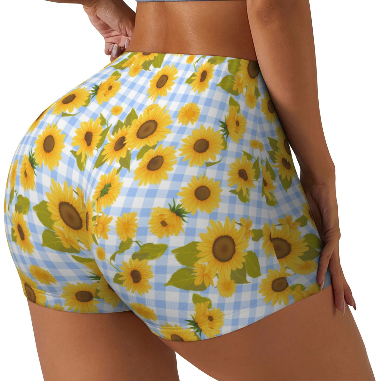 Gaeub Blue White Plaid Sunflower Print Workout Shorts for Women ...