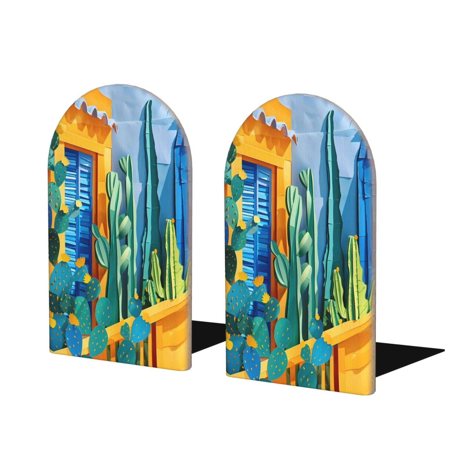Gaeub Bright Paper Cactus Scene Wood Bookends, Non-Slip Bookends, Heavy ...