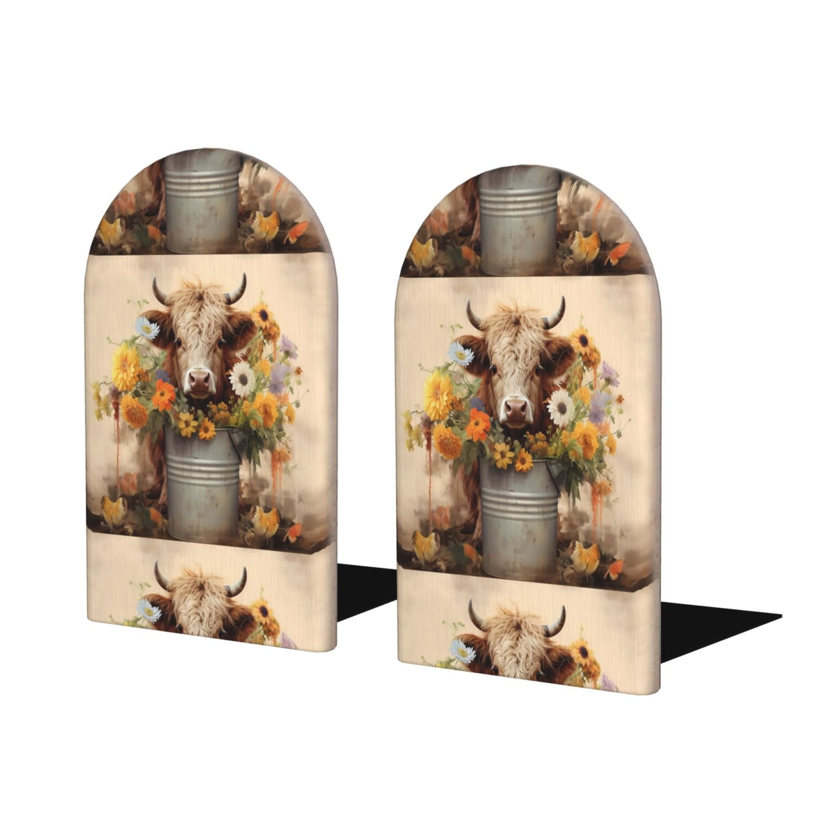 Gaeub Bucket Flower Cow Wood Bookends, Non-Slip Bookends, Heavy Duty ...