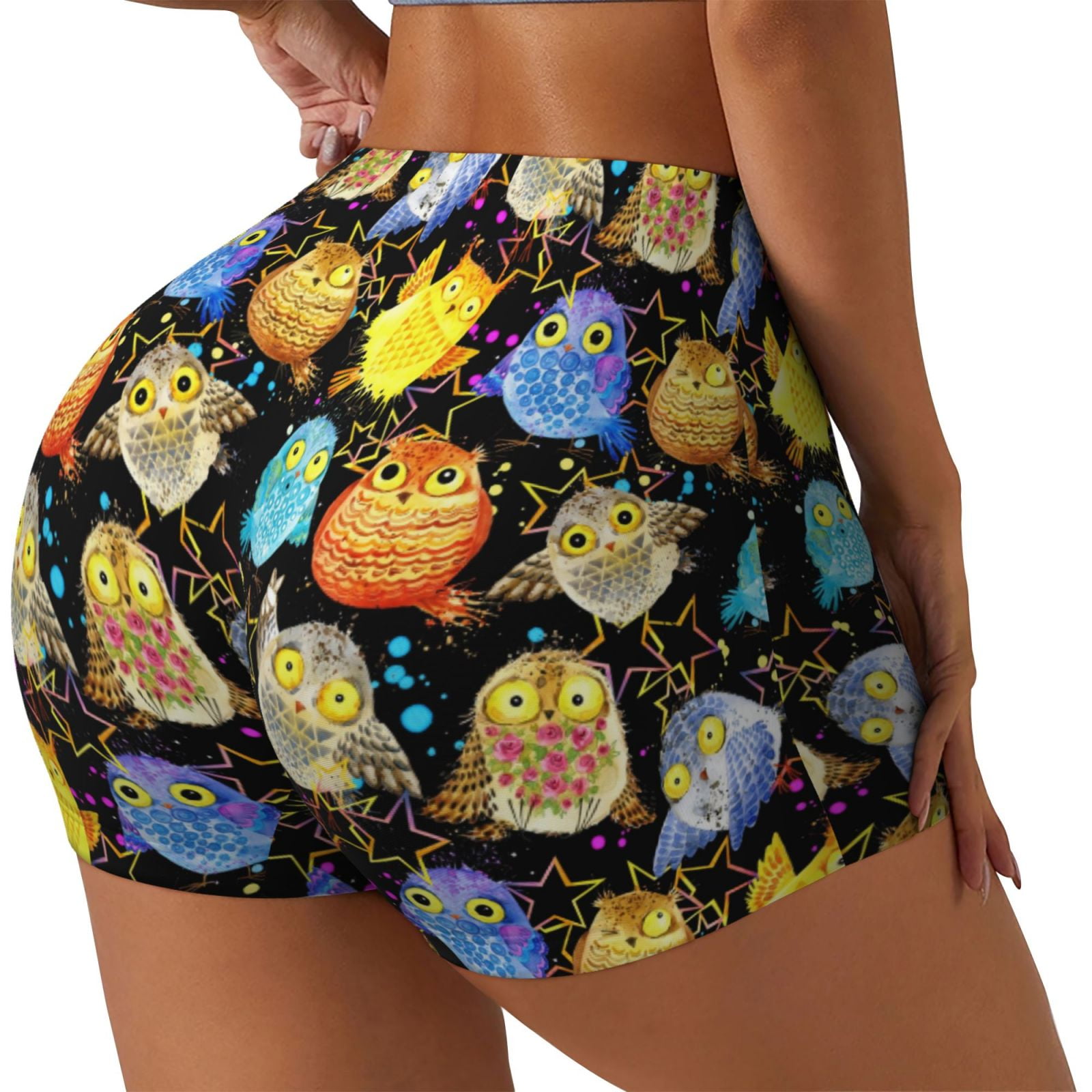 Gaeub Cartoon Bird Owl Print Workout Shorts for Women,Seamless Scrunch ...