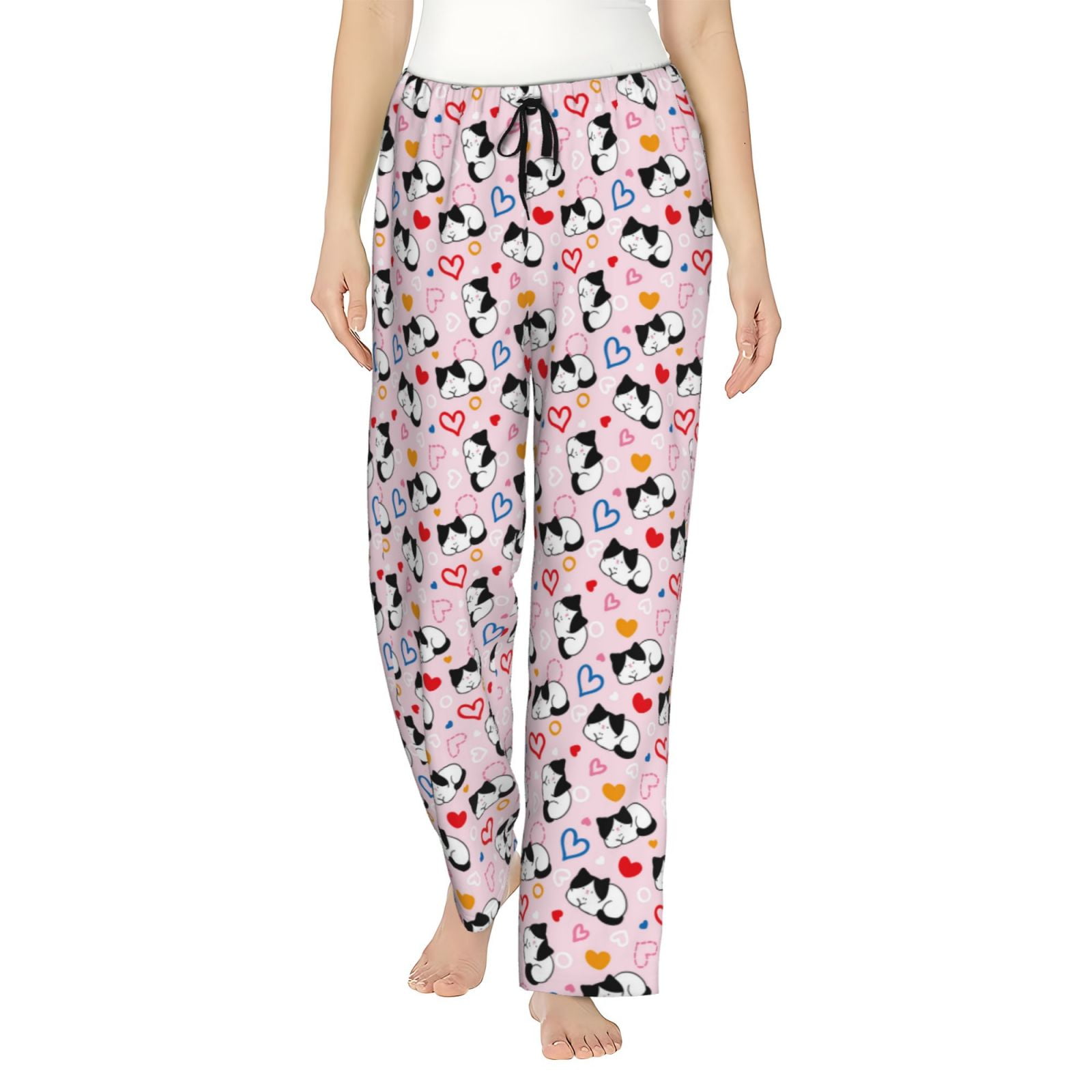 Gaeub Cartoon Cat And Heart Soft Pajama Pants for Women, Wide Leg Comfy ...