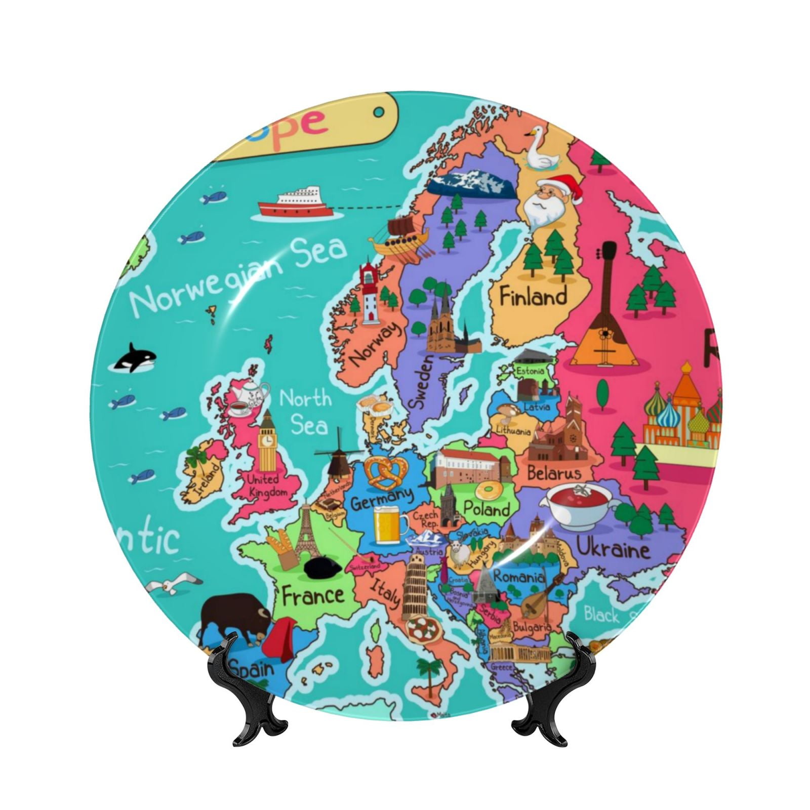 Gaeub Cartoon Map Of Europe Print Ceramic Plate,Dinner Plates,Bone ...