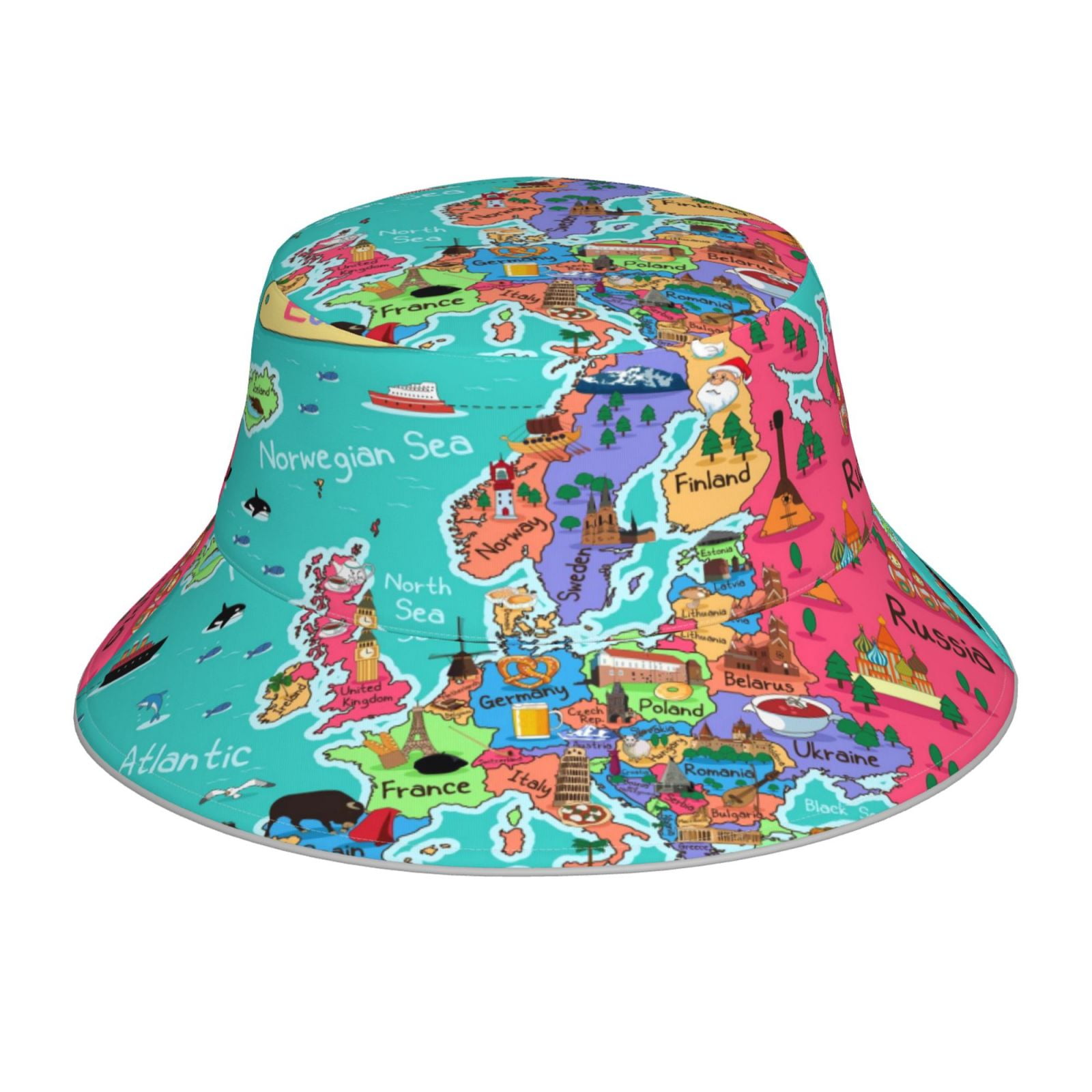 Gaeub Cartoon Map Of Europe Printed Double Sided Reflective Bucket Hat ...