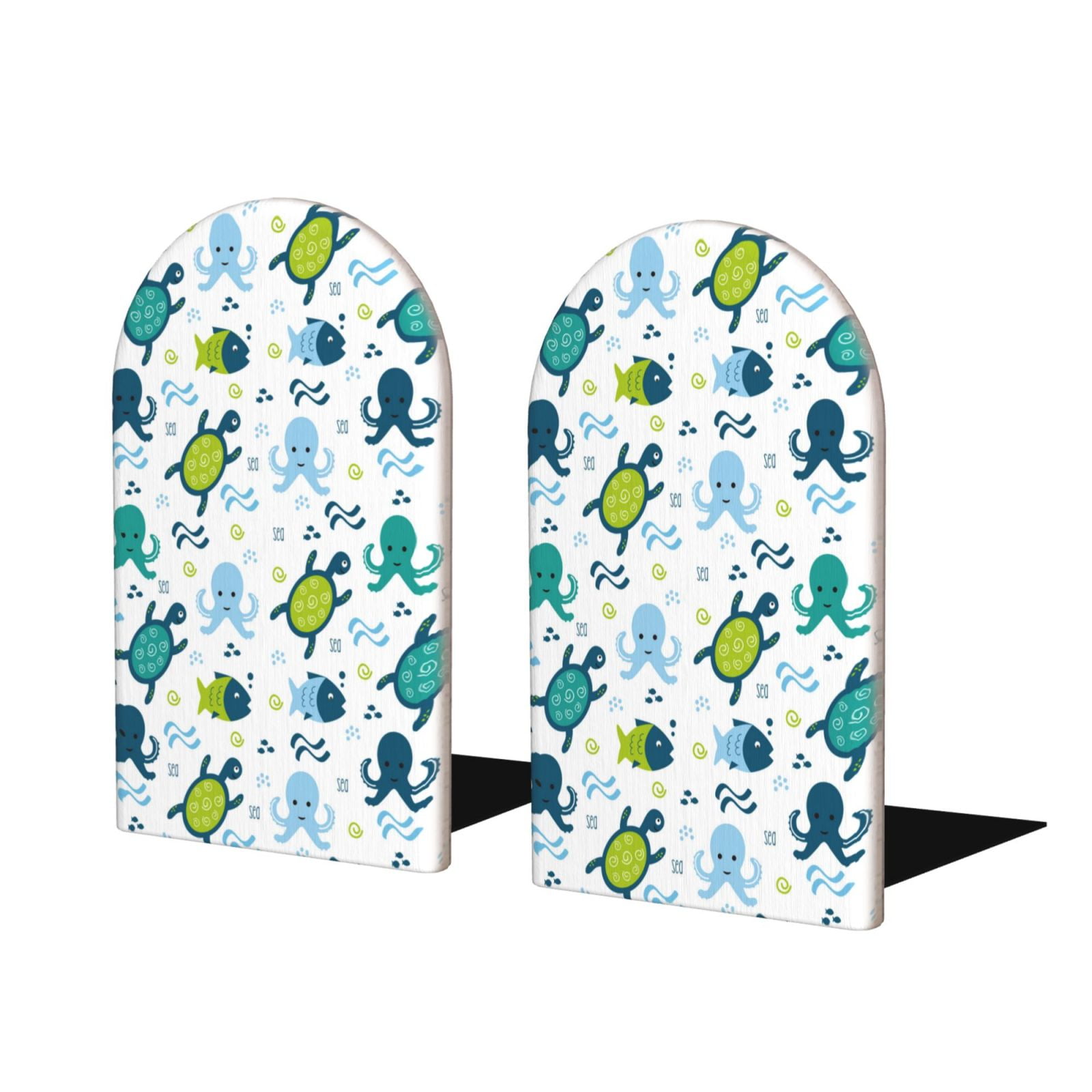 Gaeub Cartoon Sea Creatures Wood Bookends, Non-Slip Bookends, Heavy ...