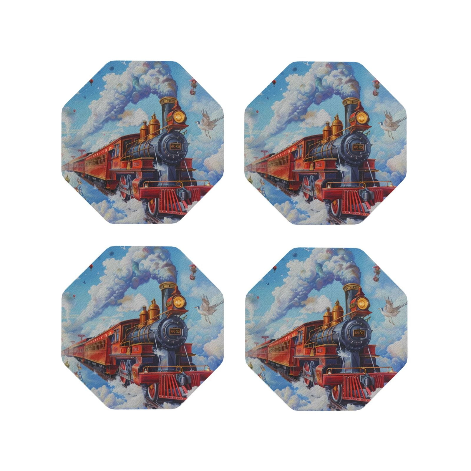 Gaeub Cartoon Train Hot Air Balloon Print 4 Pcs Leather Coasters for ...