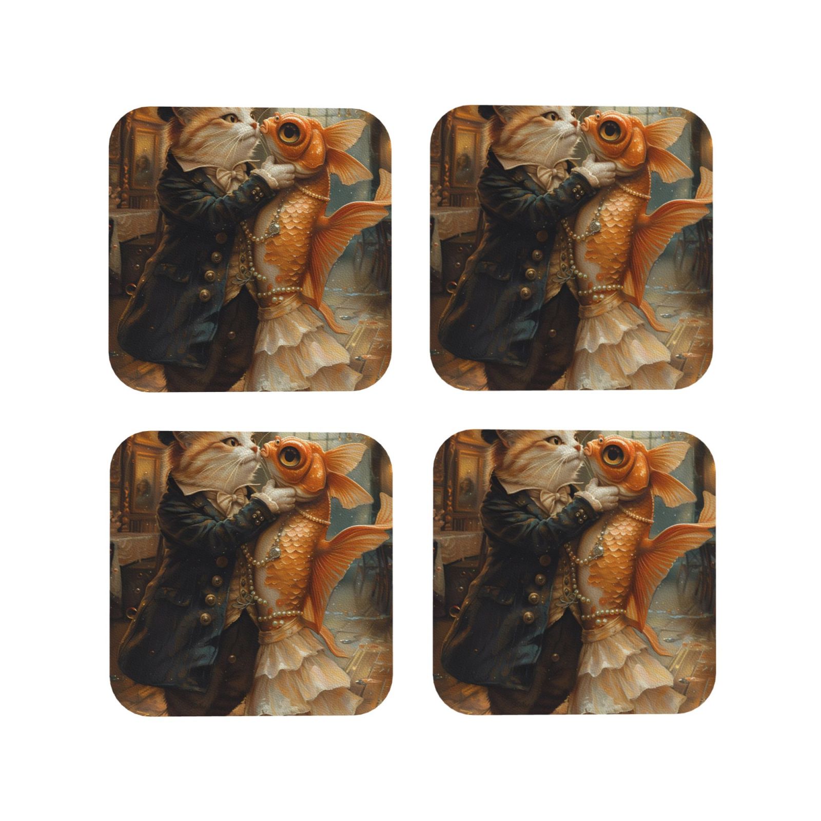 Gaeub Cat Fish Dance Vintage Print 4 Pcs Leather Coasters for Drinks ...