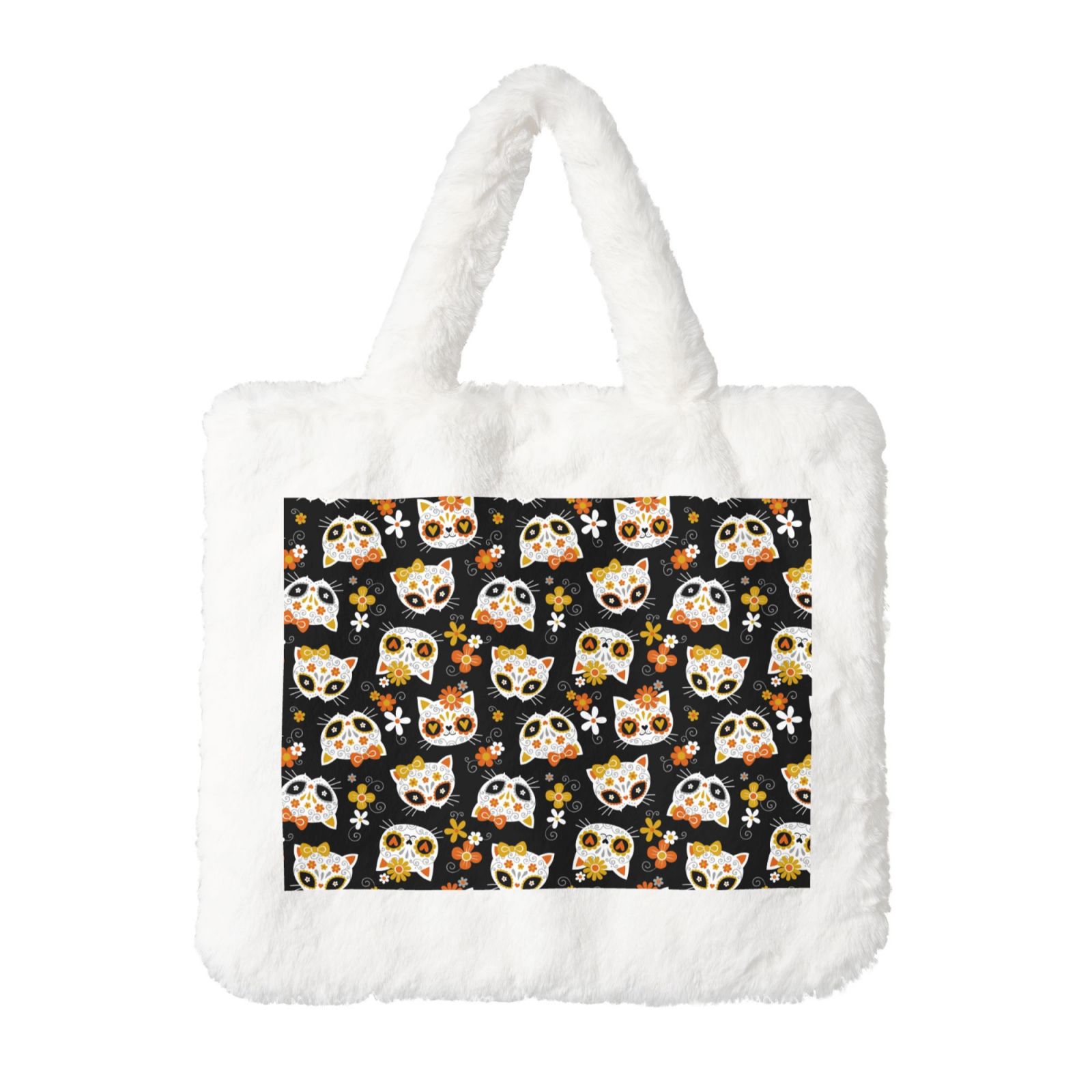 Gaeub Cat Skulls and Flowers Printed Plush Underarm Bag, Ladies Fluffy ...