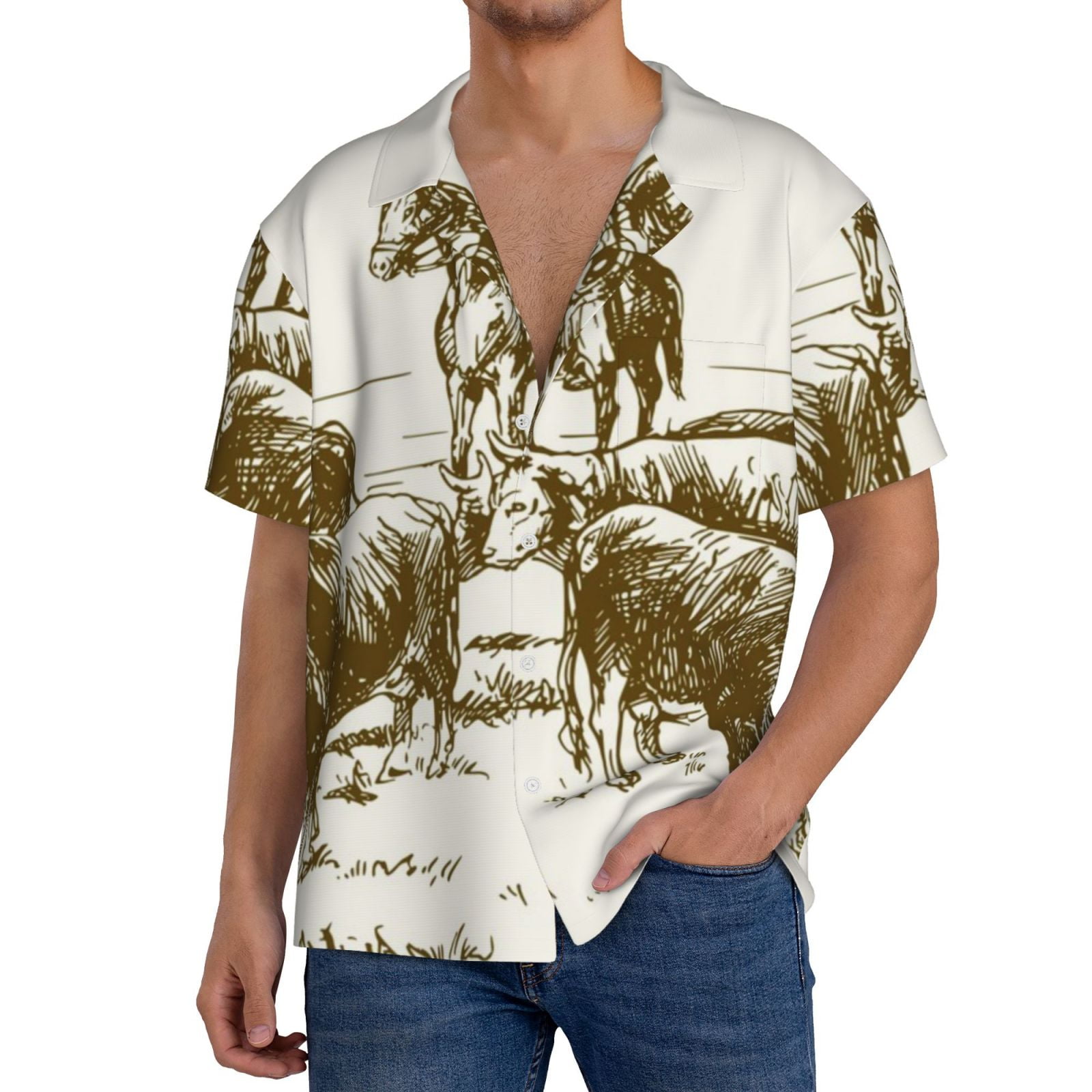 Gaeub Cattle Drive By Two Cowboys Men's Lapel Short Sleeve Shirt,Cuban ...