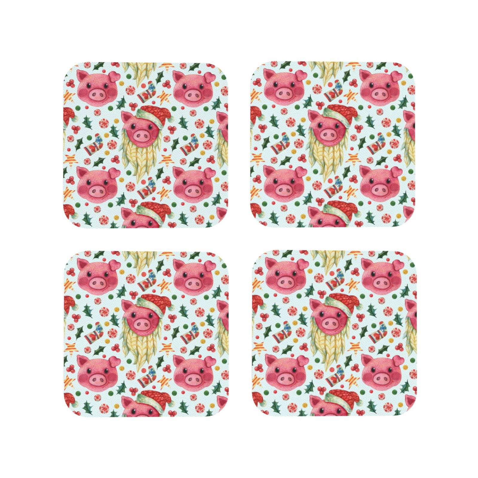 Gaeub Christmas Cute Pigs Print 4 Pcs Leather Coasters for Drinks ...