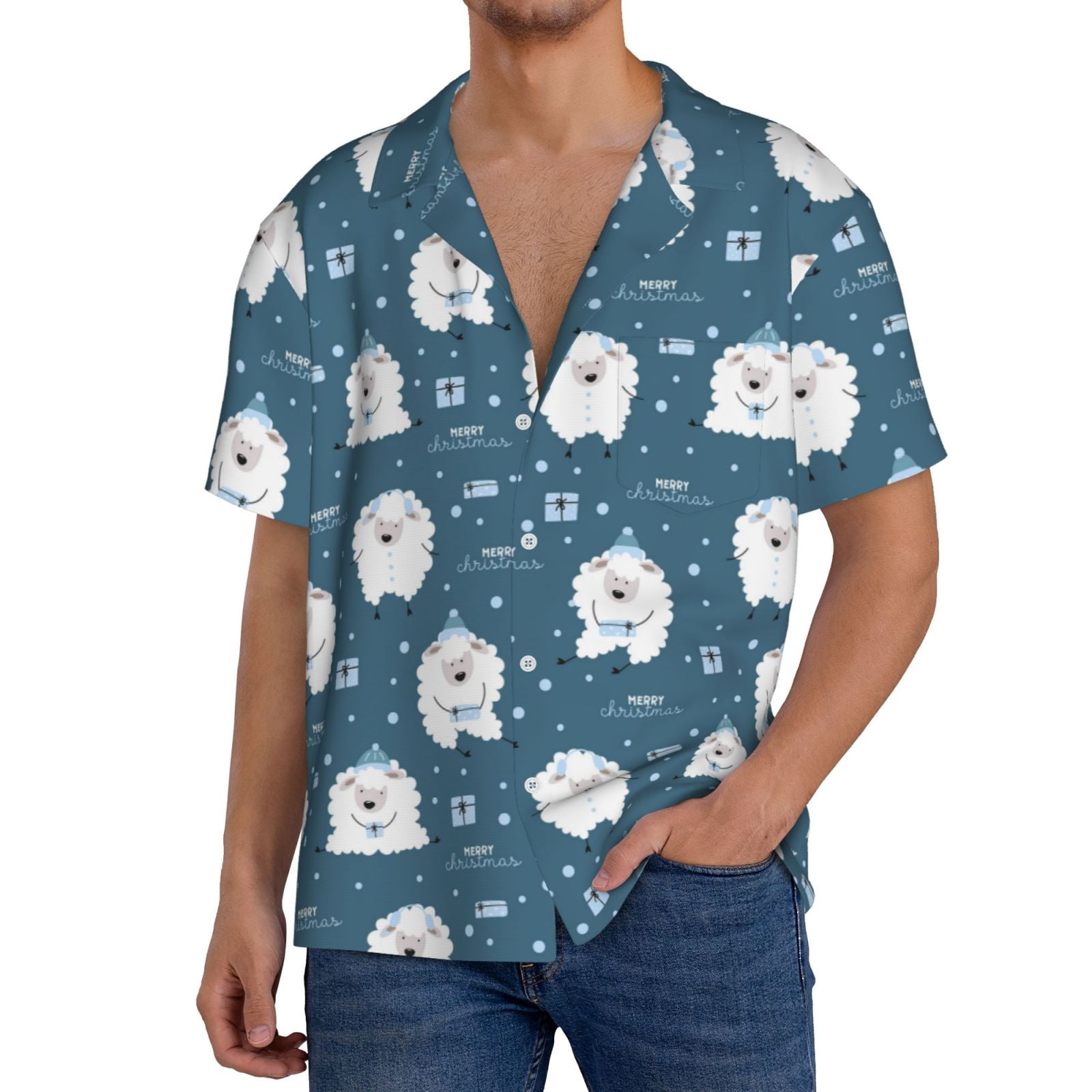 Gaeub Christmas sheep Men's Lapel Short Sleeve Shirt,Cuban Shirts For ...