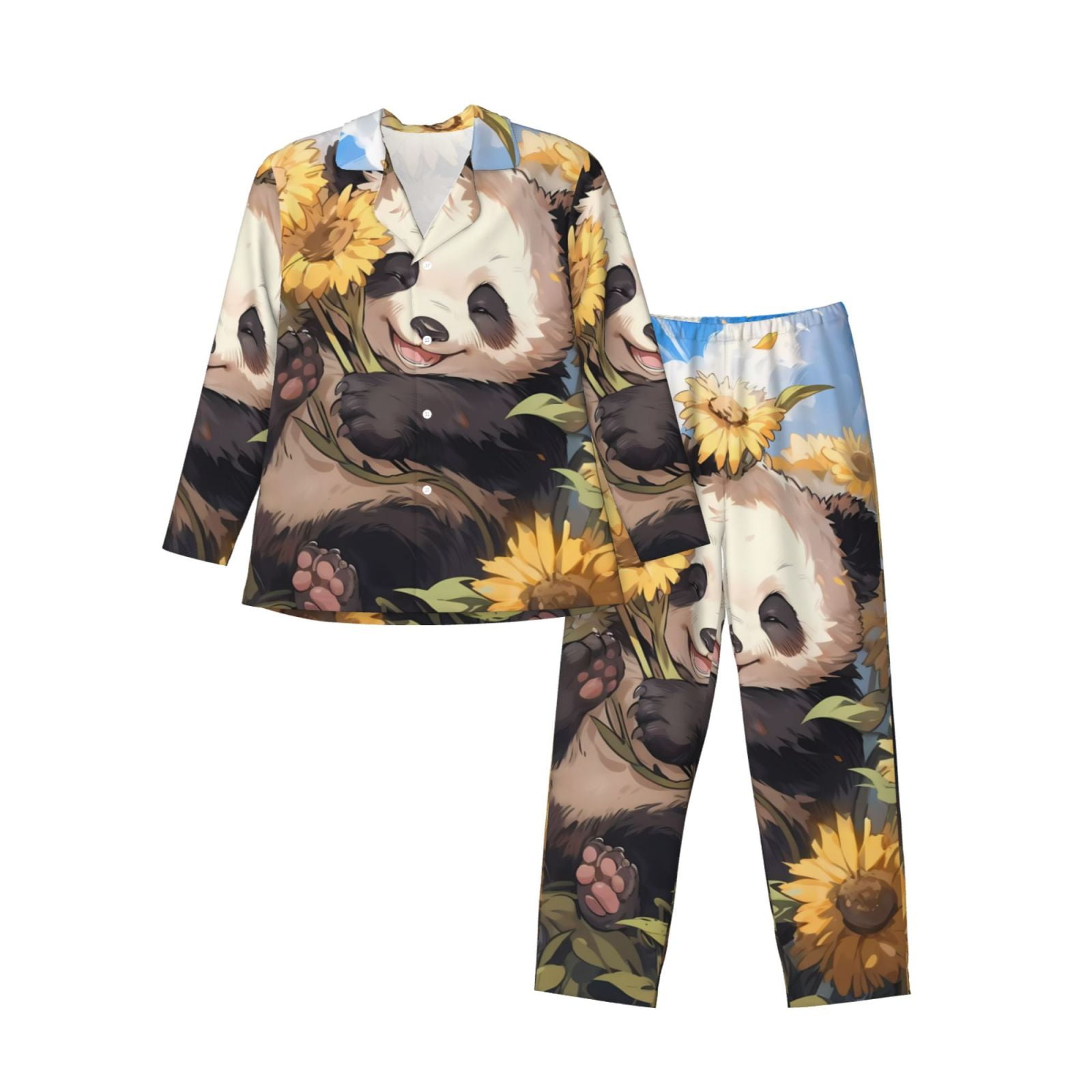 Gaeub Clear Sky Cute Sunflower Panda Print Mens Pajama Set, Long Sleeve ...