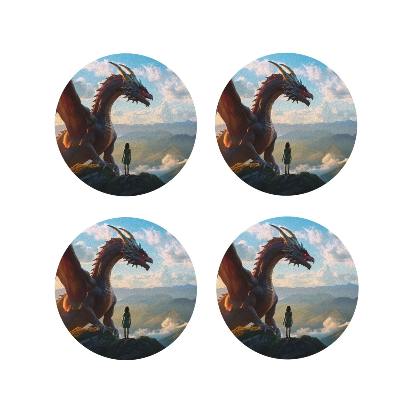 Gaeub Clear Sky Mountain Red Dragon Print 4 Pcs Leather Coasters for ...