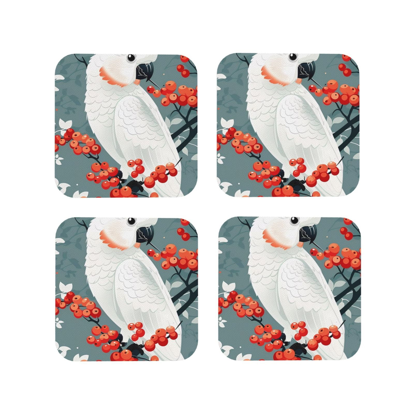 Gaeub Cockatoo Red Berries Print 4 Pcs Leather Coasters for Drinks ...
