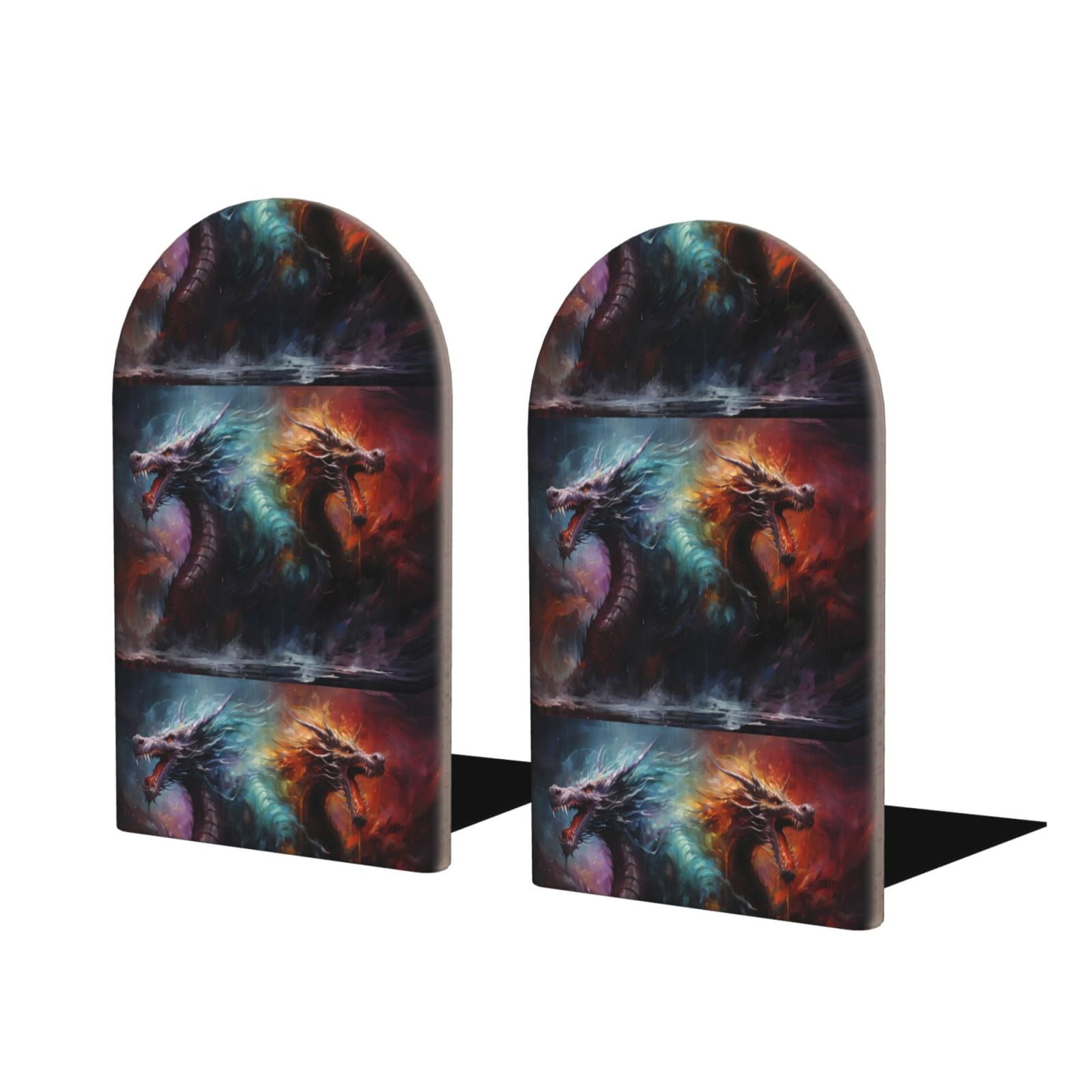 Gaeub Colorful Ink Style Dragon Wood Bookends, Non-Slip Bookends, Heavy ...