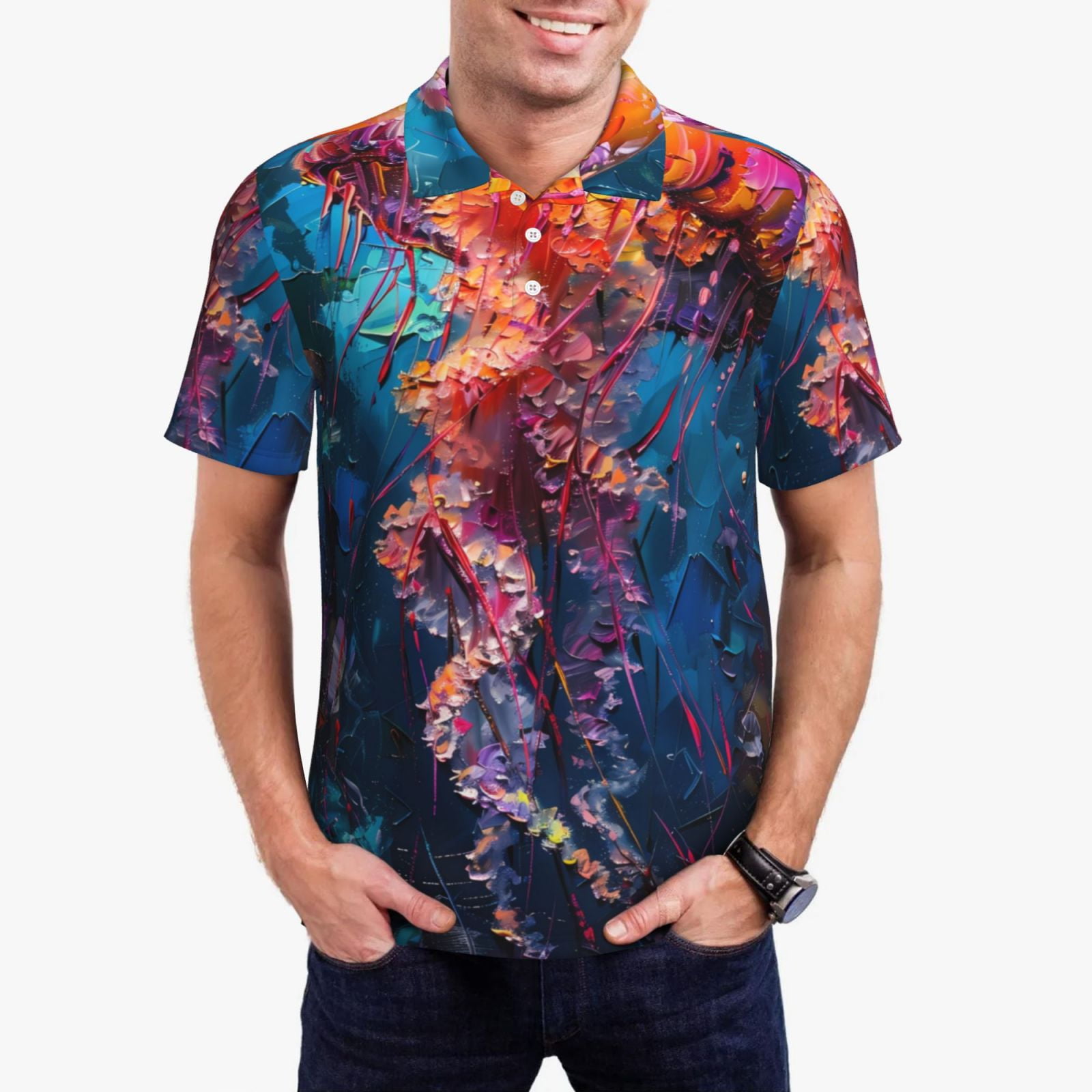 Gaeub Colorful Jellyfish Abstract Print Men's Polo Shirts, Short Sleeve ...