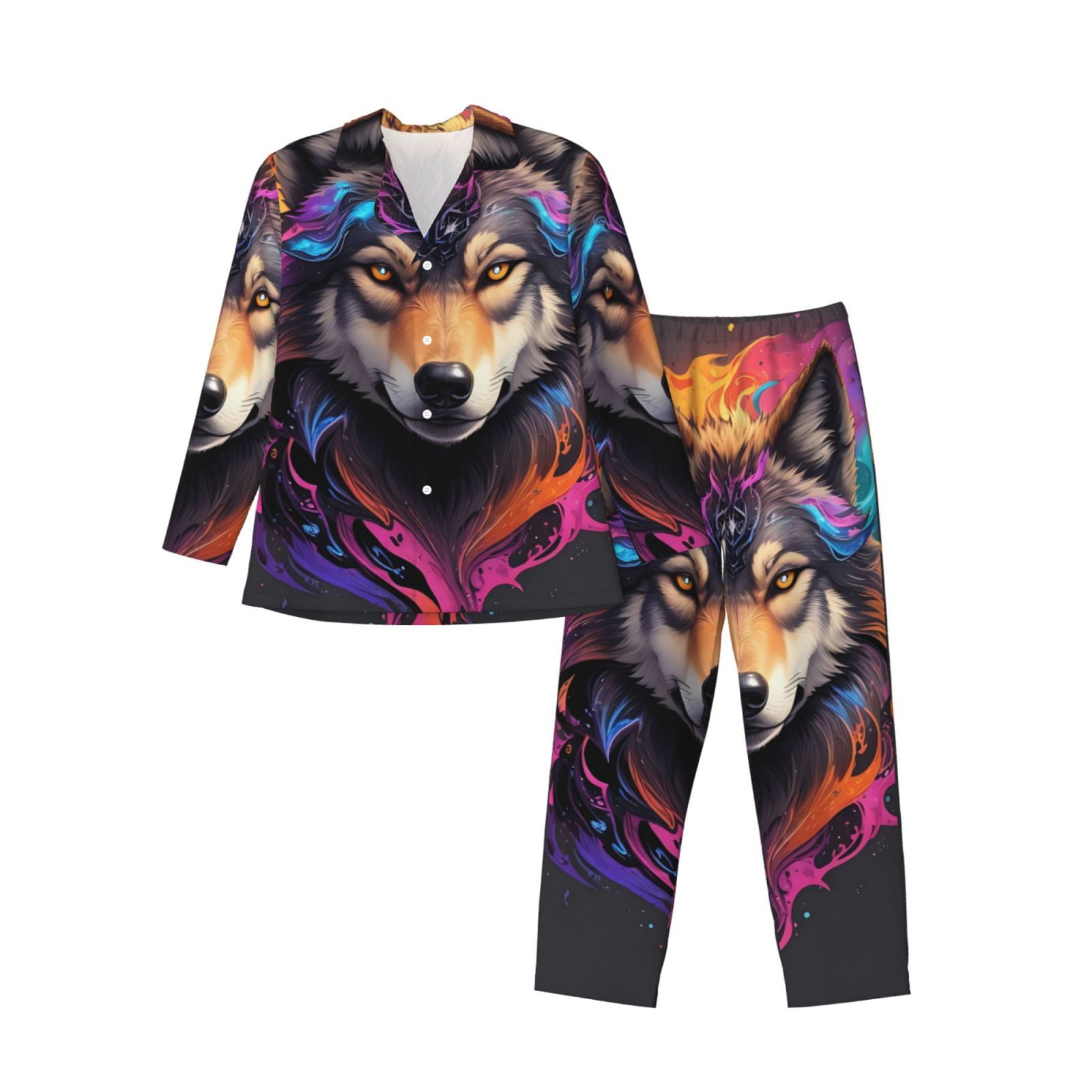 Gaeub Colorful Wolf Head Print Mens Pajama Set, Long Sleeve Pajamas for ...
