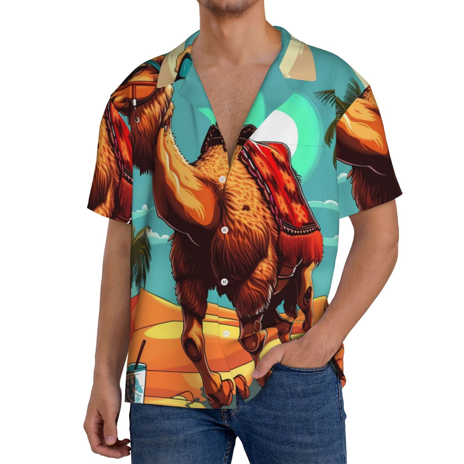 Gaeub Cool Camel Oasis Vibes Men's Lapel Short Sleeve Shirt,Cuban ...