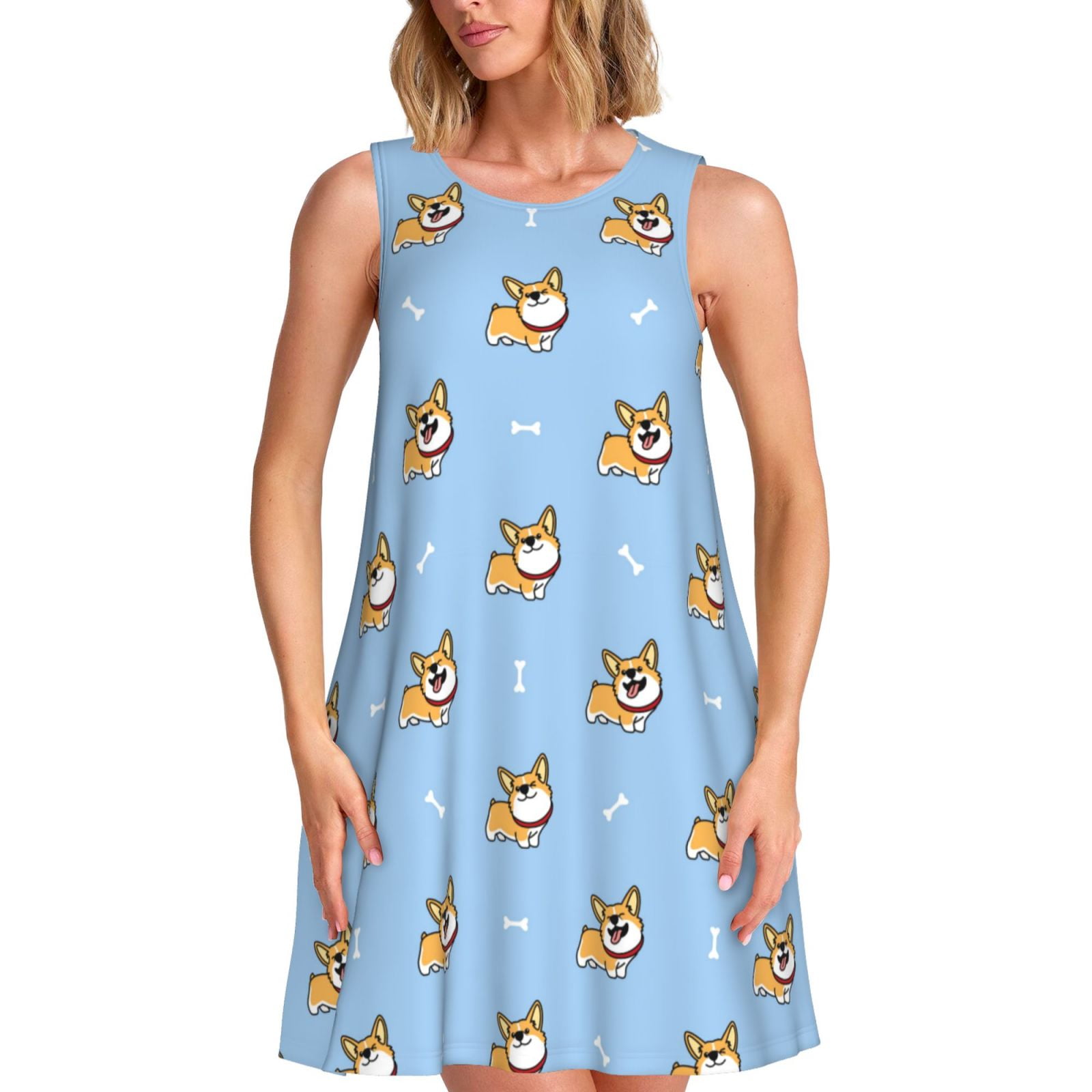 Gaeub Corgi Dog Print Women's Sleeveless Dresses,Beach Casual Tank ...