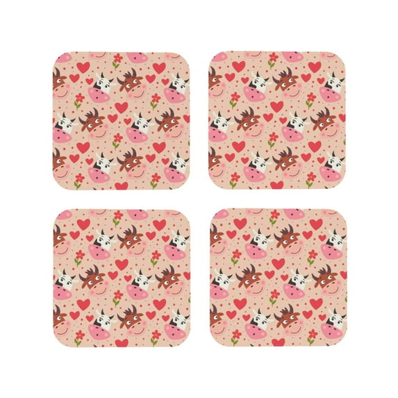 Gaeub Cow Flower And Heart Print 4 Pcs Leather Coasters for Drinks ...