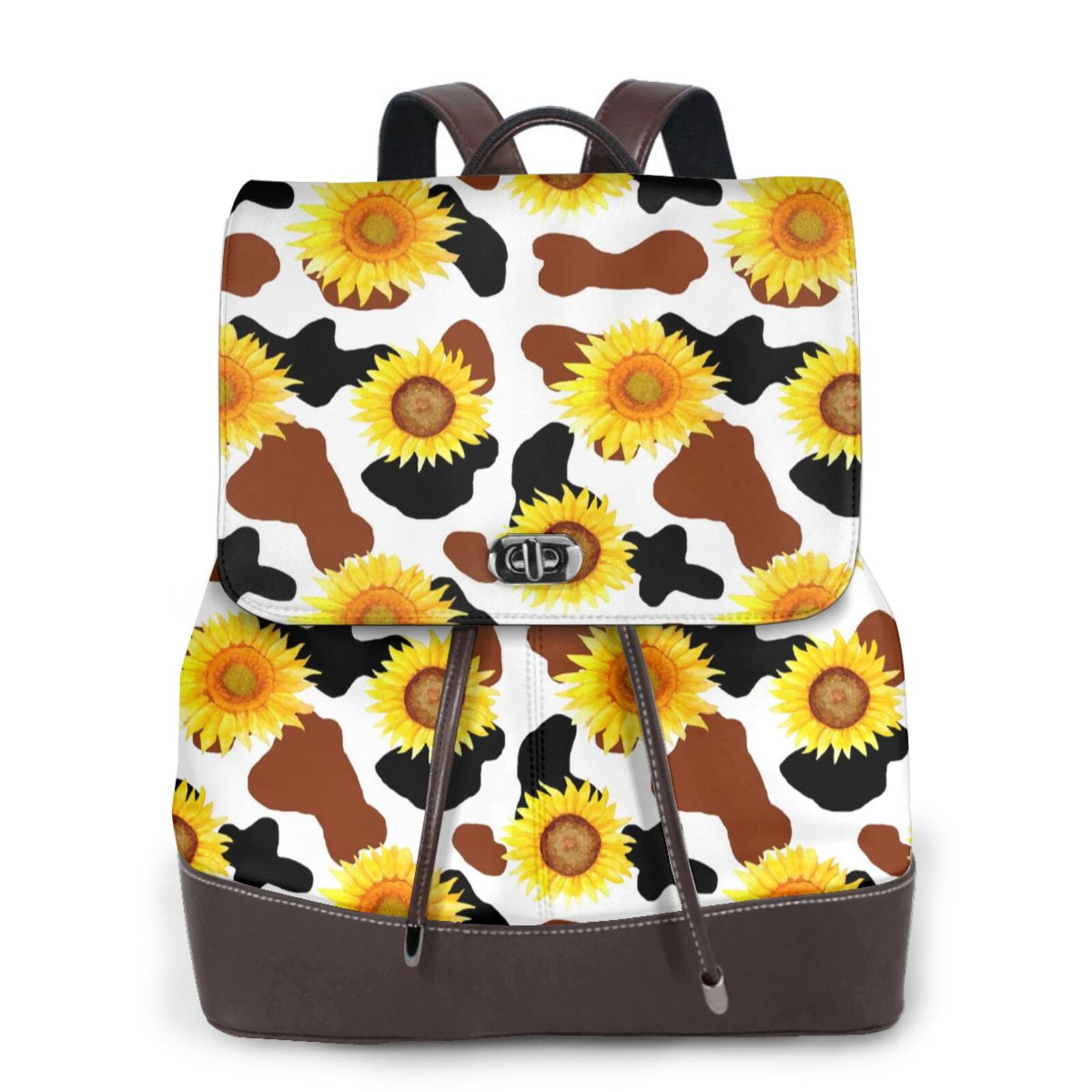 Gaeub Cow Print Sunflower Print Women's Leather Backpack,Travel Laptop ...