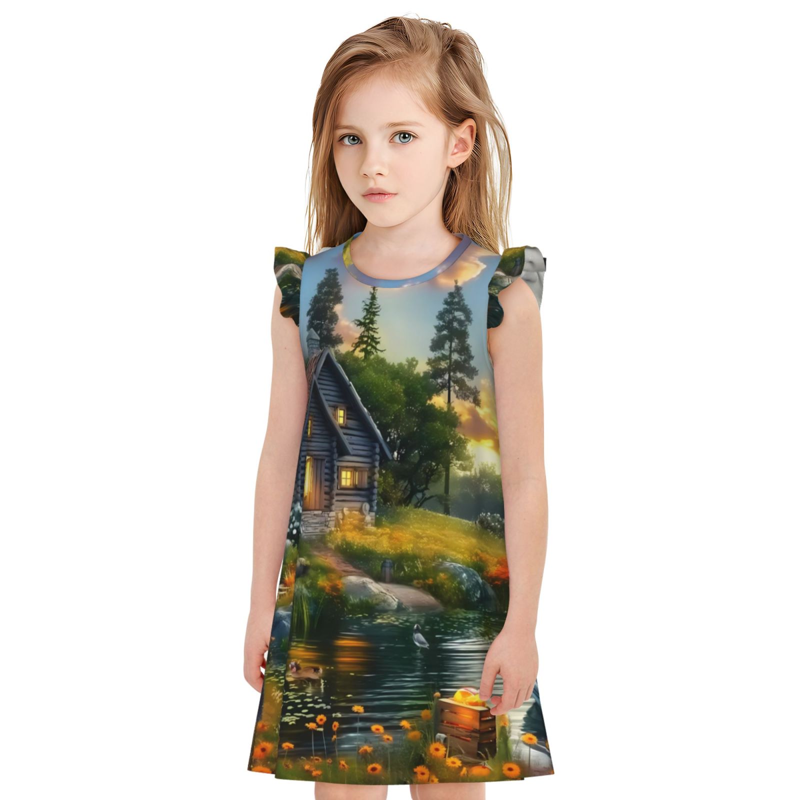 Gaeub Cozy Cottage Lakeside Sunset Girls Pajamas Dress, Comfortable ...