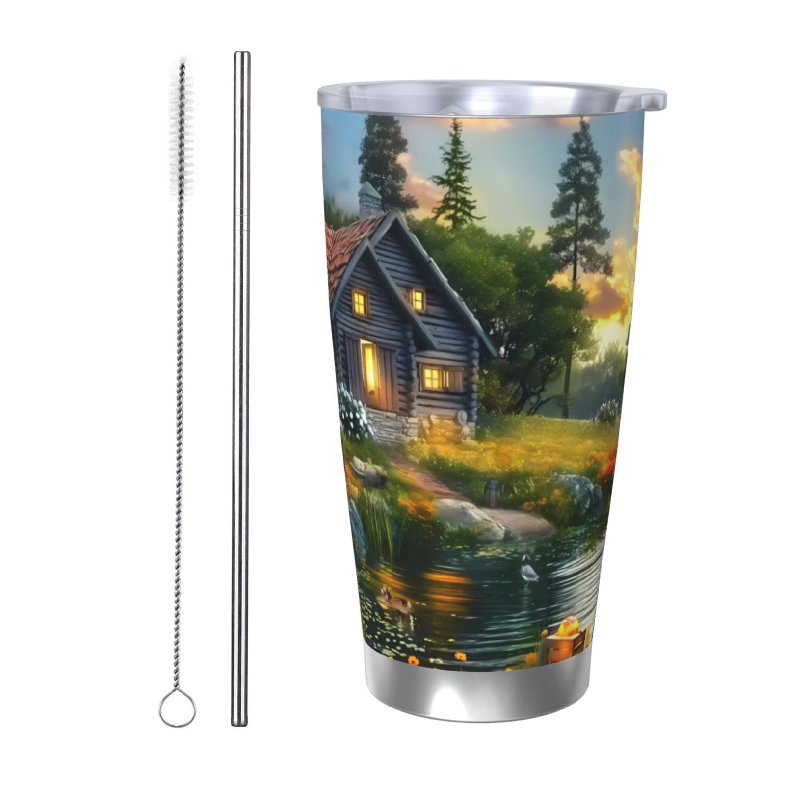 Gaeub Cozy Cottage Lakeside Sunset Print 20-Ounce Stainless Steel Car ...