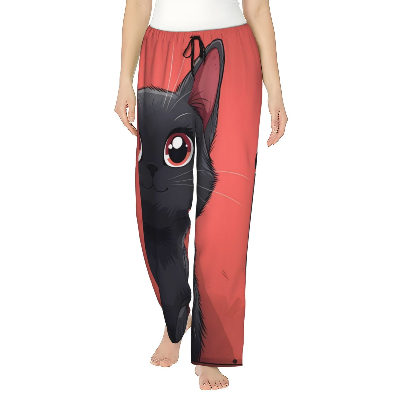 Gaeub Cute Black Kitten Cartoon Soft Pajama Pants for Women, Wide Leg ...
