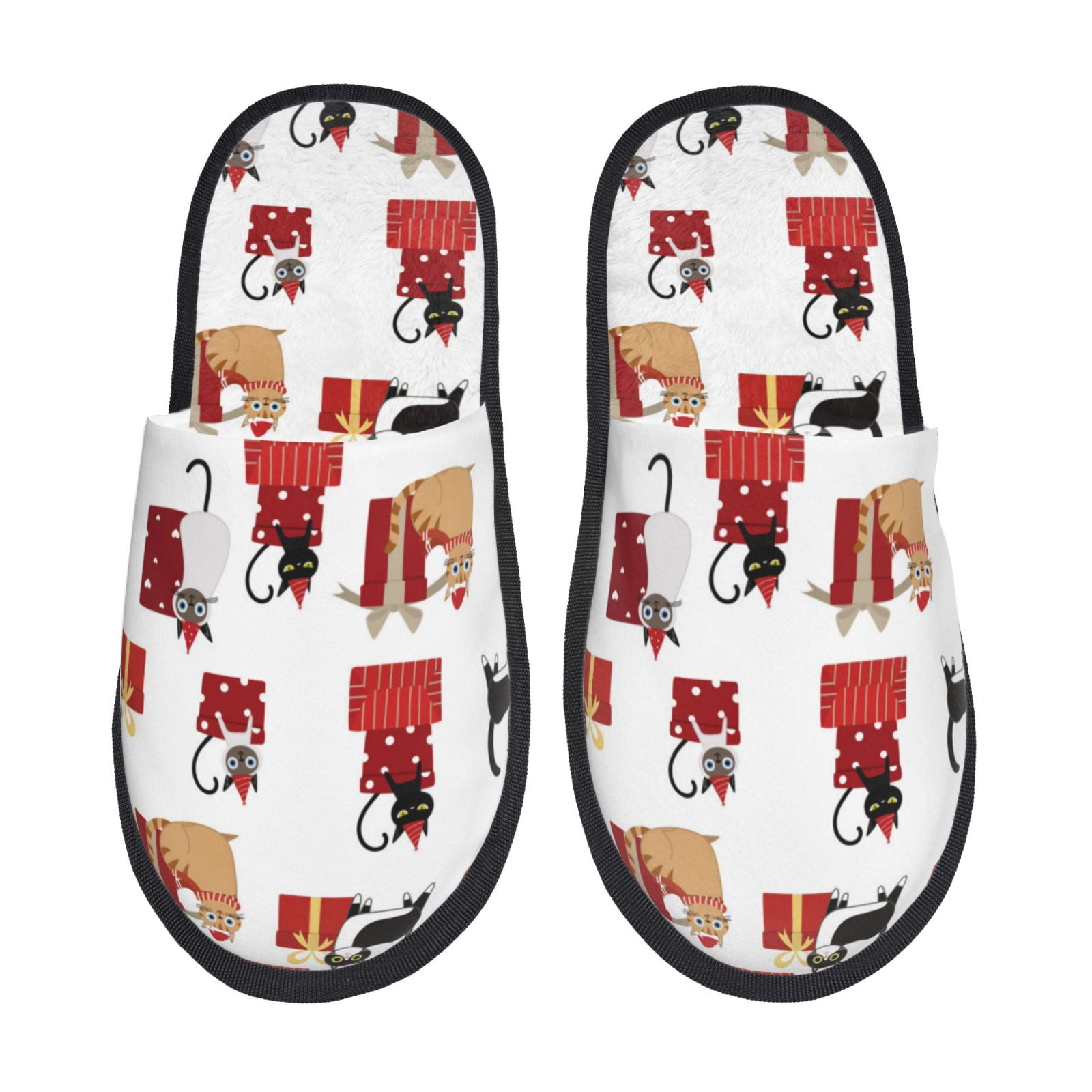Gaeub Cute Cat And Christmas Gift Print Women's Fuzzy Scuff Slippers ...