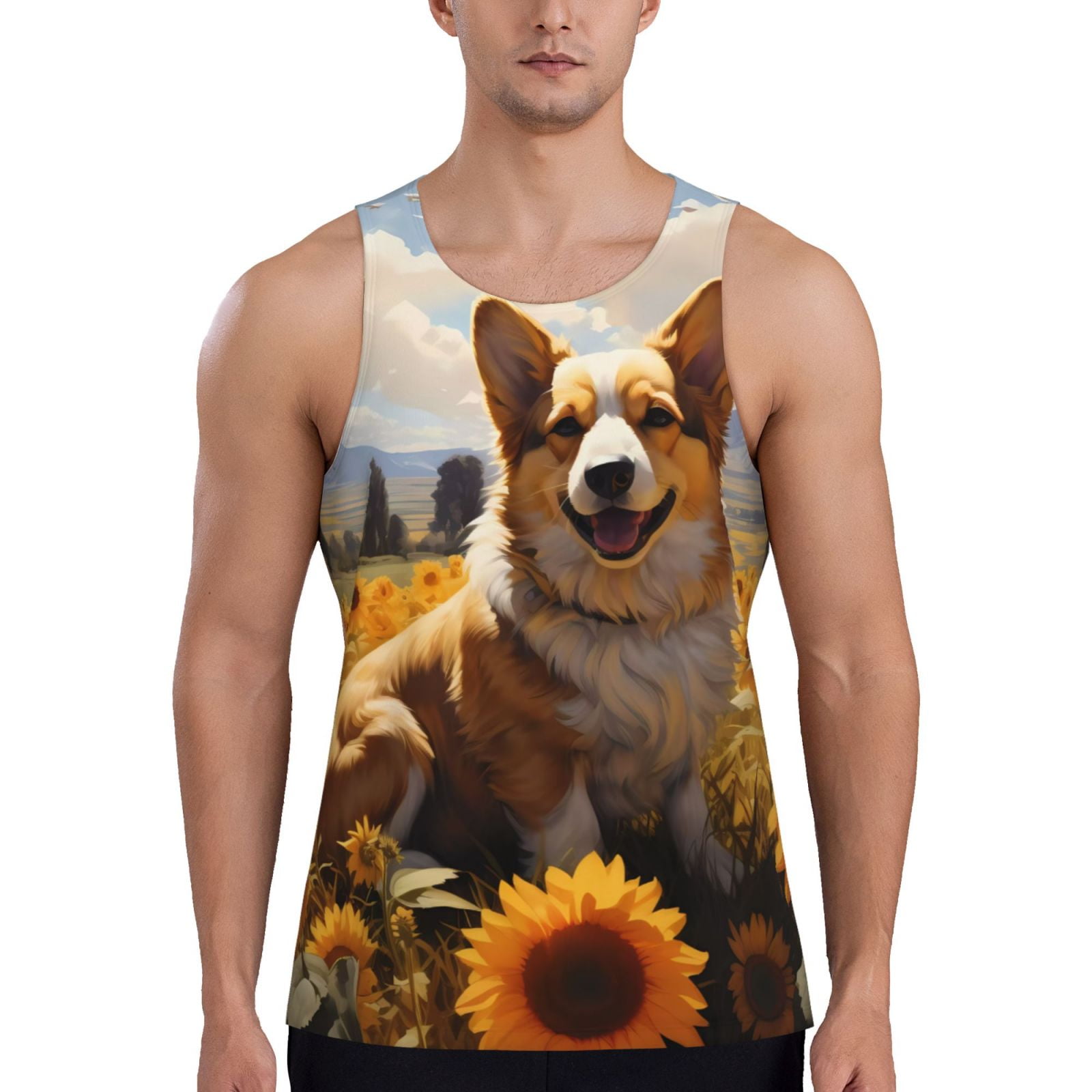 Gaeub Cute Corgi Sunflower Print Men's Workout Tank Top , Casual Soft ...