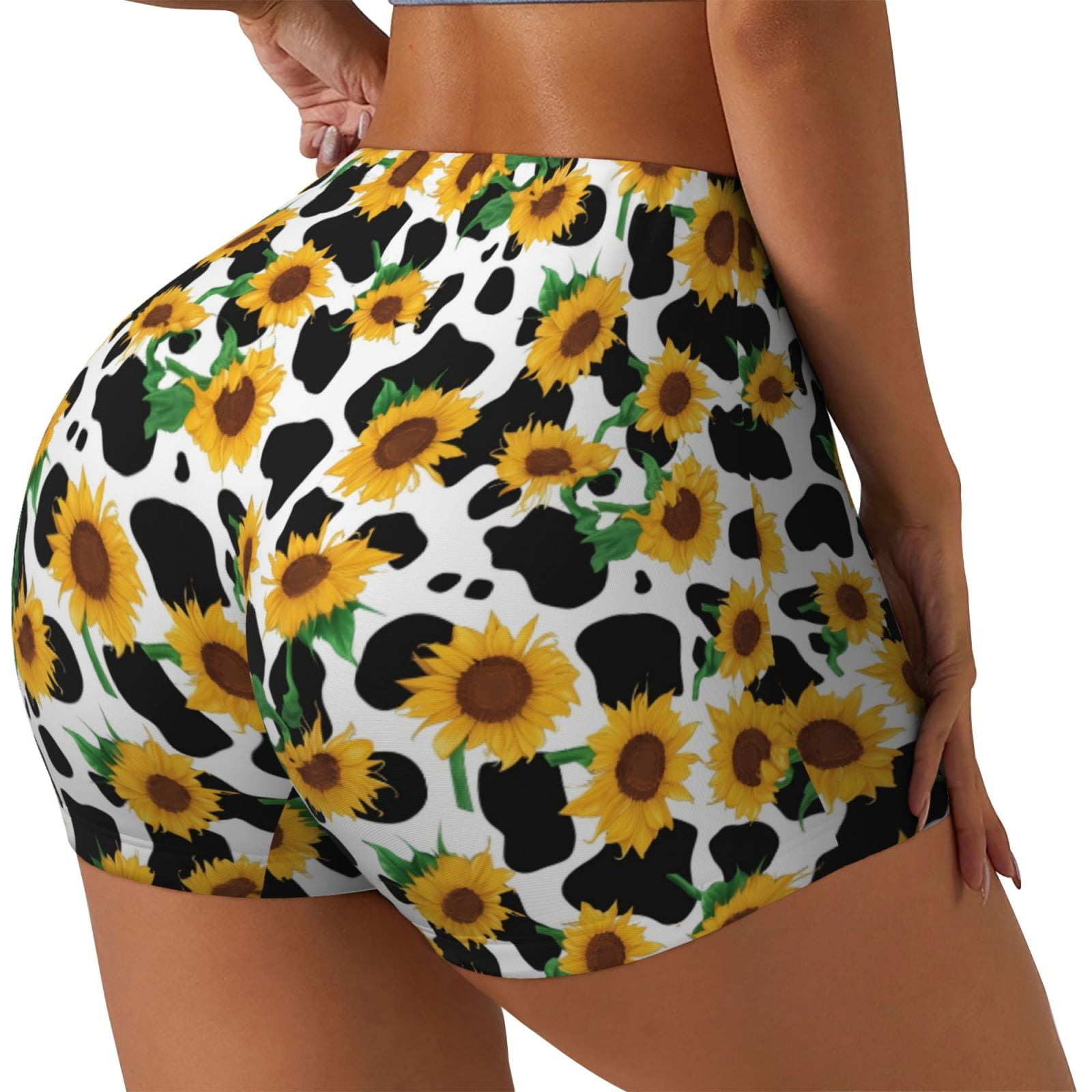 Gaeub Cute Cow Print Sunflower C Print Workout Shorts for Women ...
