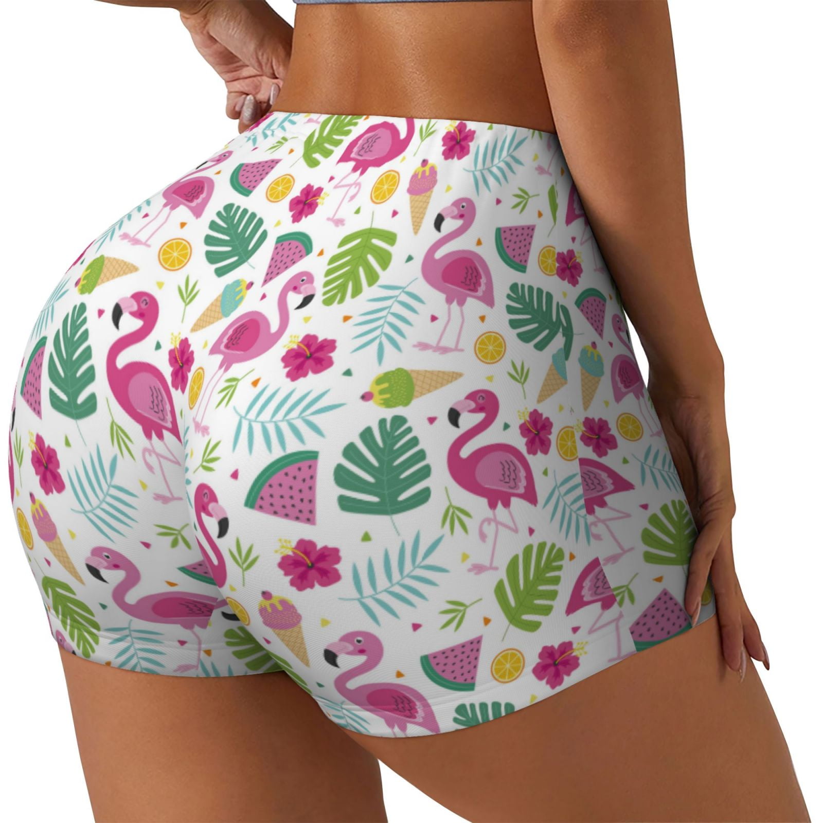 Gaeub Cute Flamingo Print Workout Shorts for Women,Seamless Scrunch Short,Gym Yoga Running Sport ...
