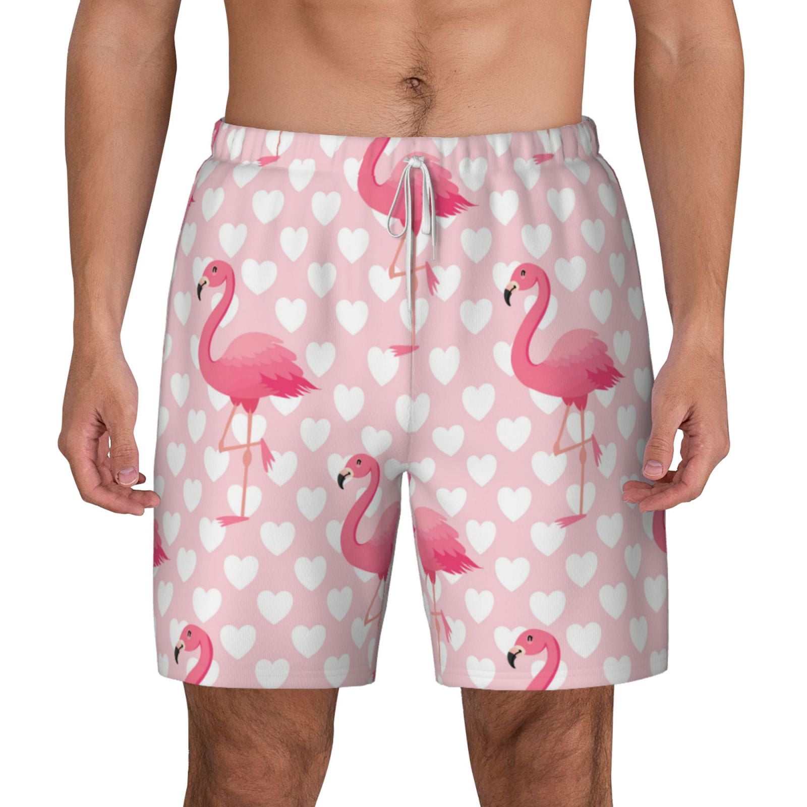 Gaeub Cute Flamingo with Heart Mens Swim Trunks Stretch Beach Shorts ...