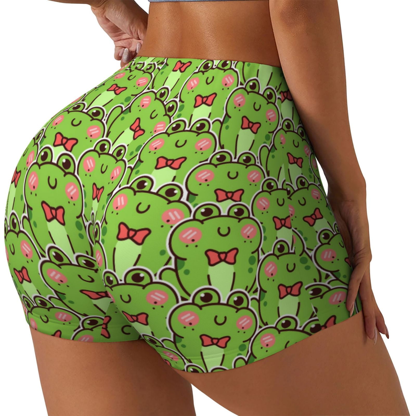Gaeub Cute Green Frog Print Workout Shorts for Women,Seamless Scrunch Short,Gym Yoga Running ...
