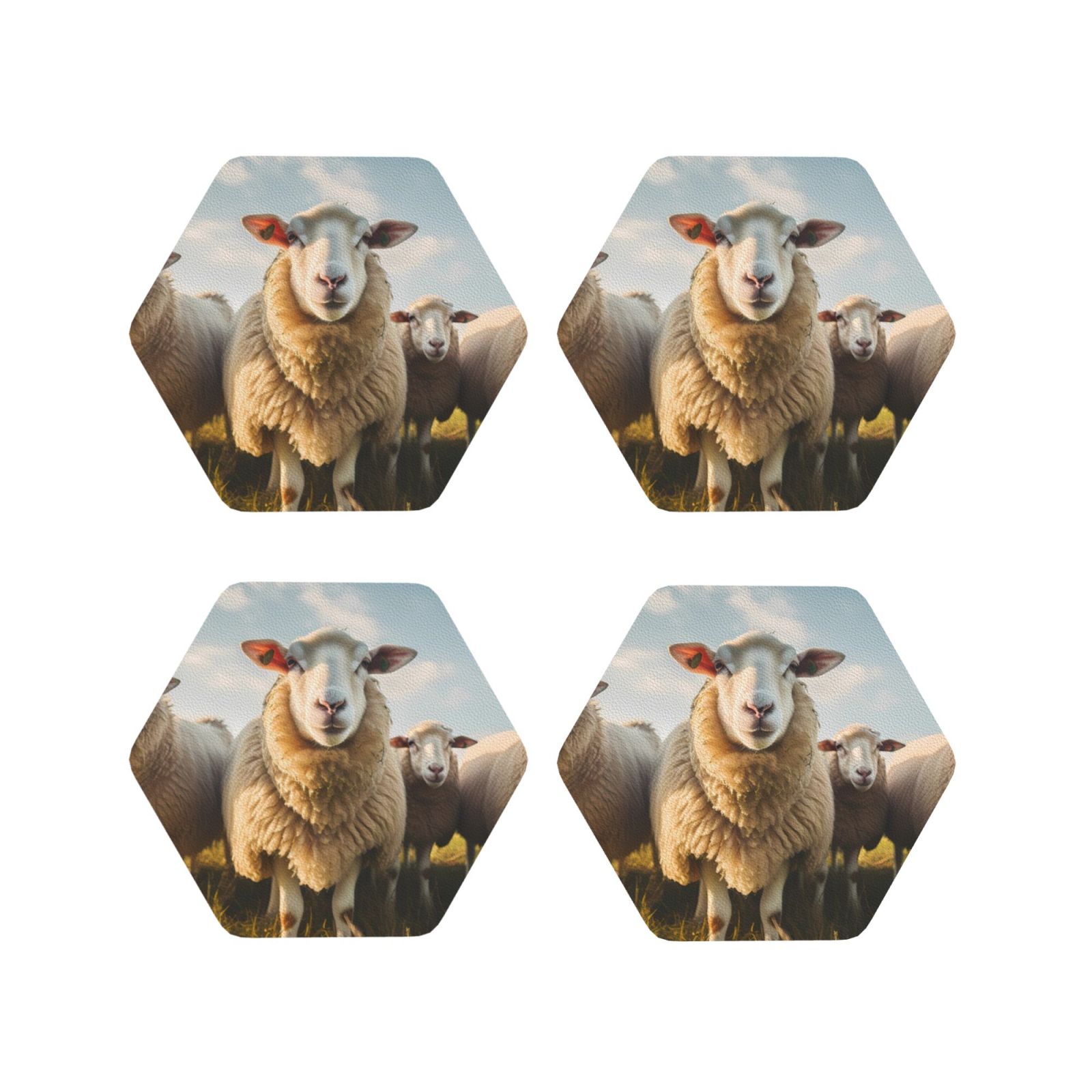 Gaeub Cute Prairie Sheep Herd Print 4 Pcs Leather Coasters for Drinks ...