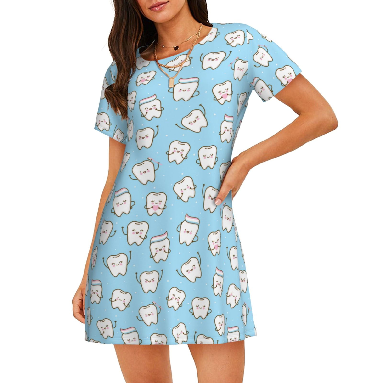 Gaeub Cute Teeth Print Women's Short-Sleeved Nightdress,Loose Comfy ...