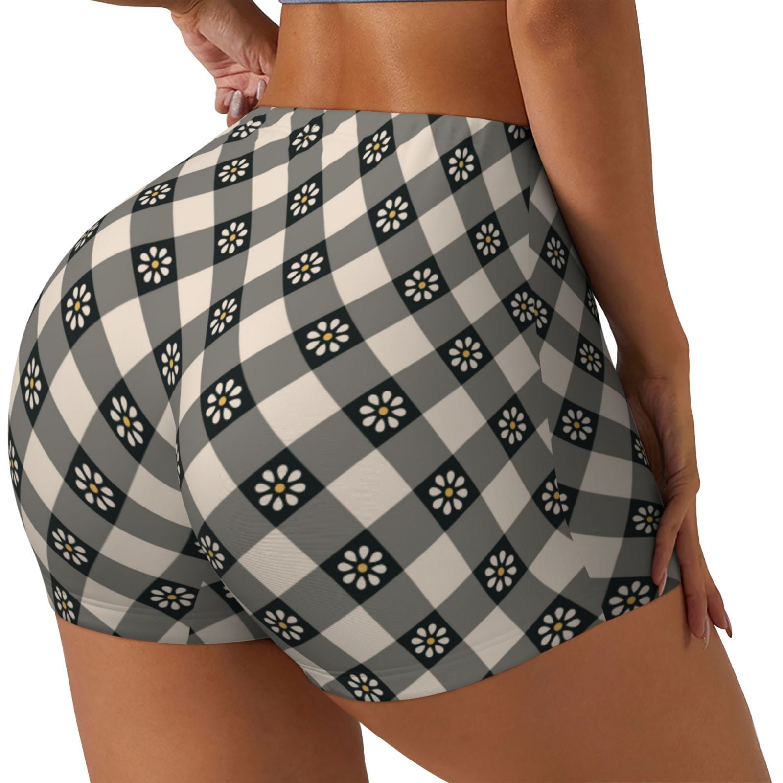 Gaeub Daisy Plaid Black Print Workout Shorts for Women,Seamless Scrunch ...