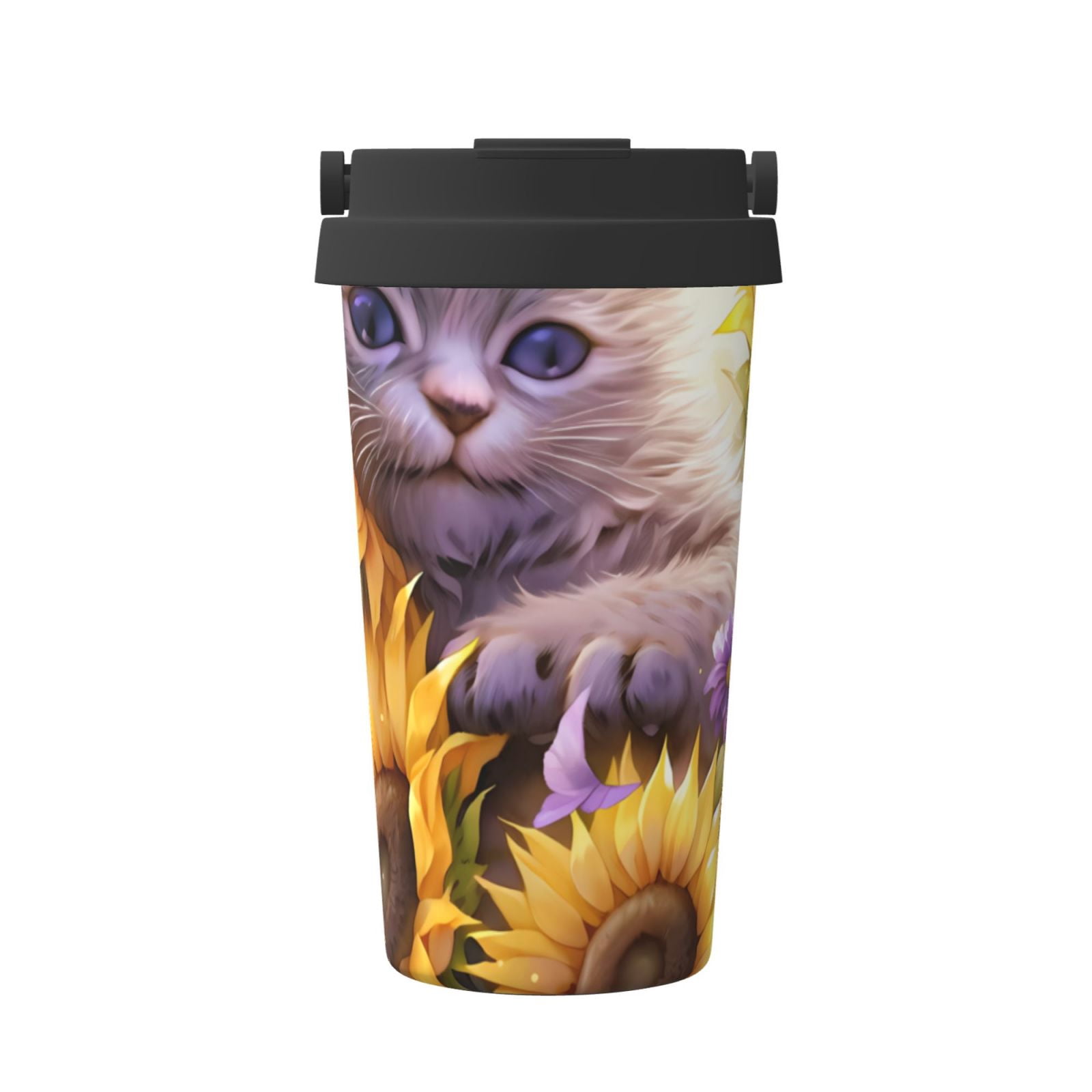 Gaeub Daisy Sunflower Lazy Cat Print Travel Mug, Insulated Coffee Mug ...