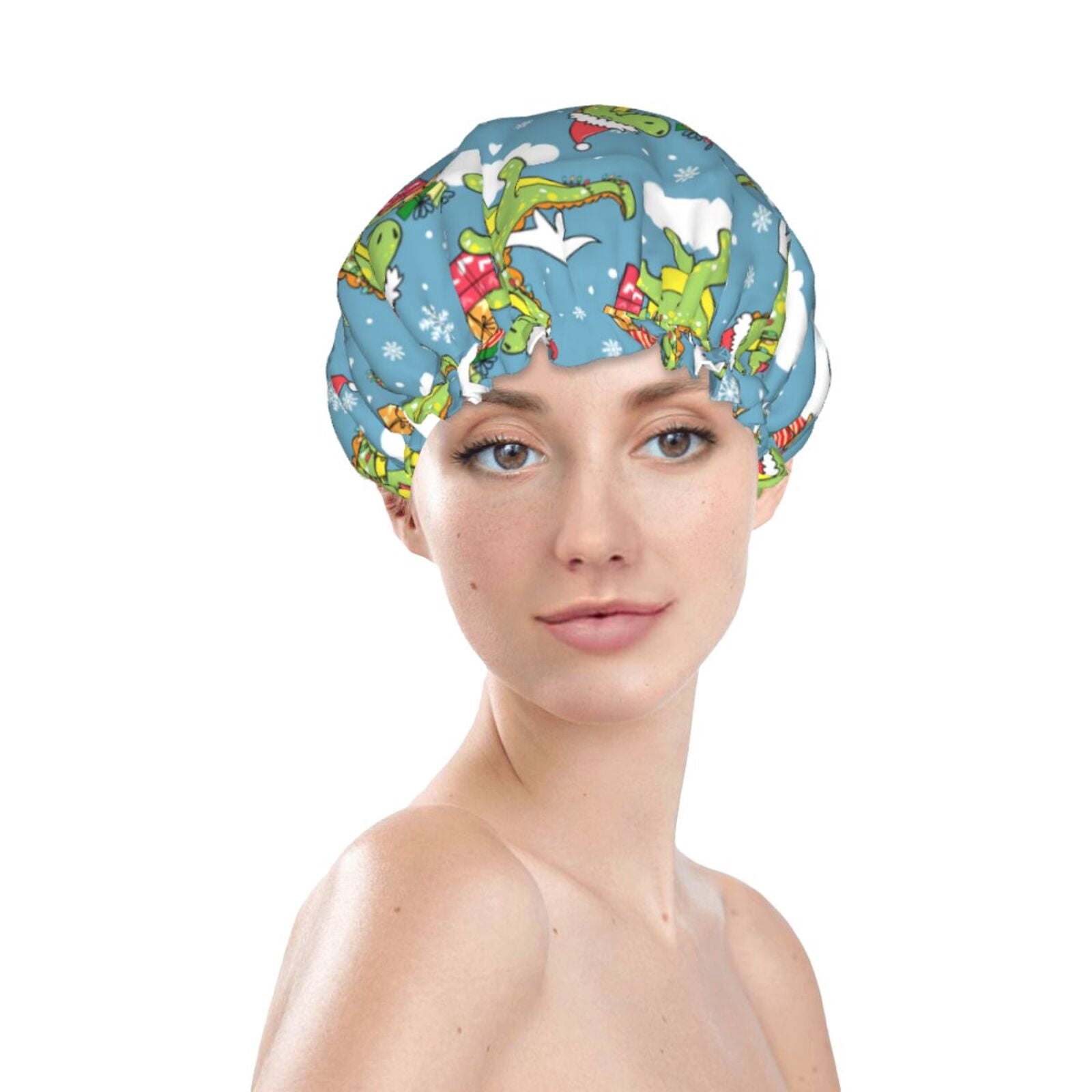 Gaeub Dino Christmas Adventure Snowy Blue Shower Caps for Women Men ...
