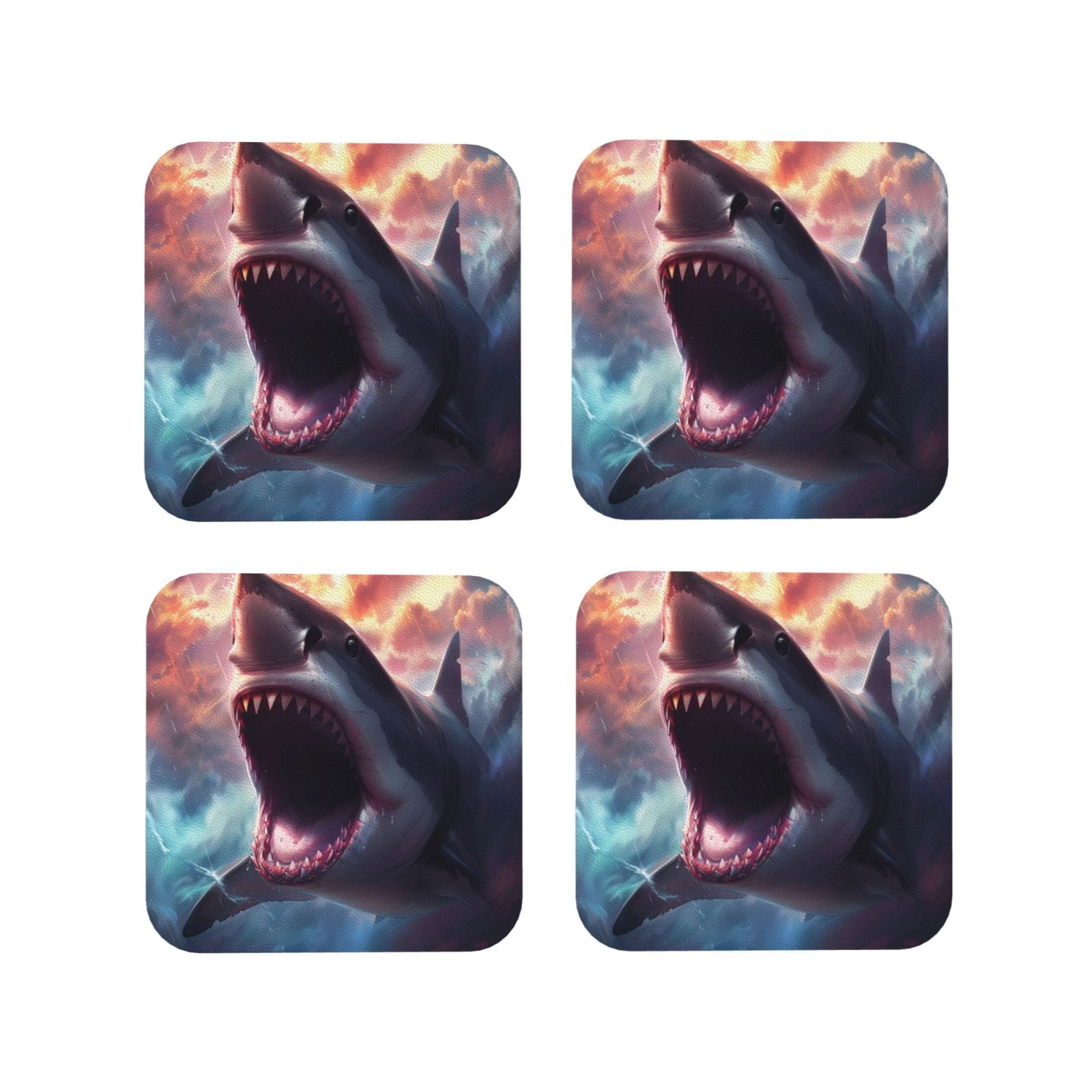 Gaeub Dramatic Shark Attack Print 4 Pcs Leather Coasters for Drinks ...
